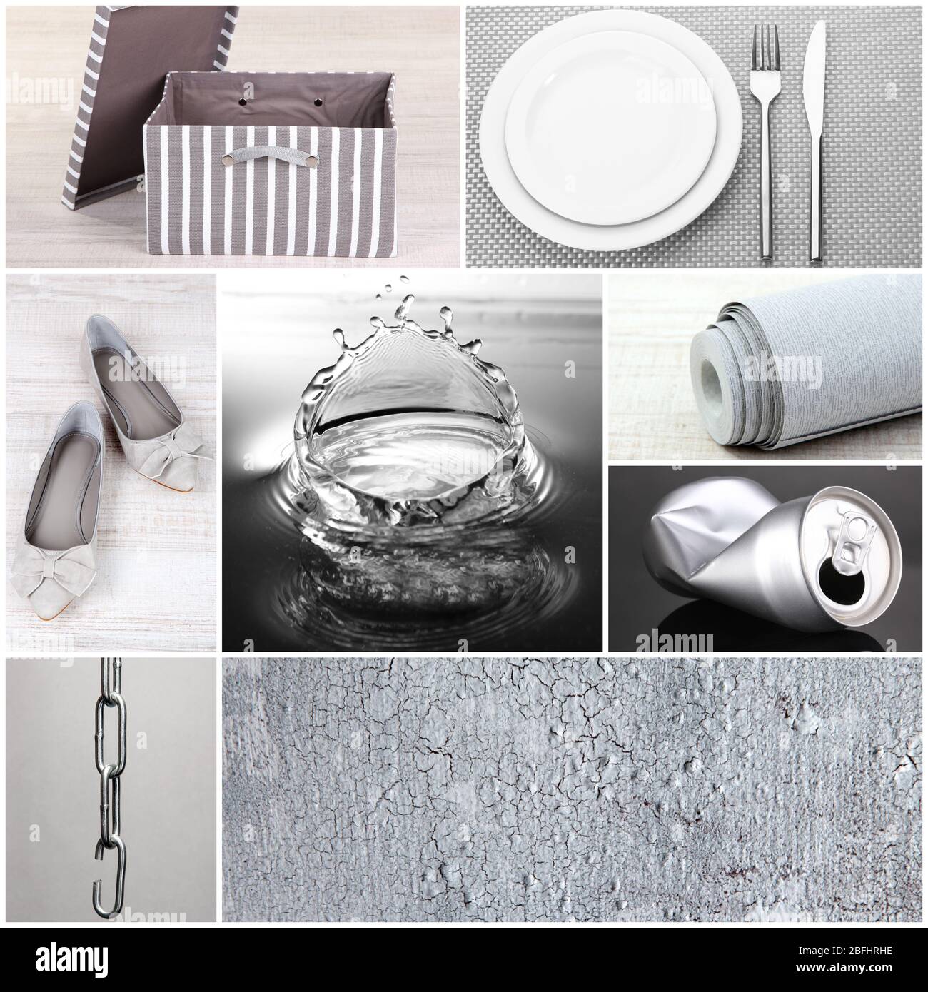 Collage of different objects in shades of gray Stock Photo - Alamy