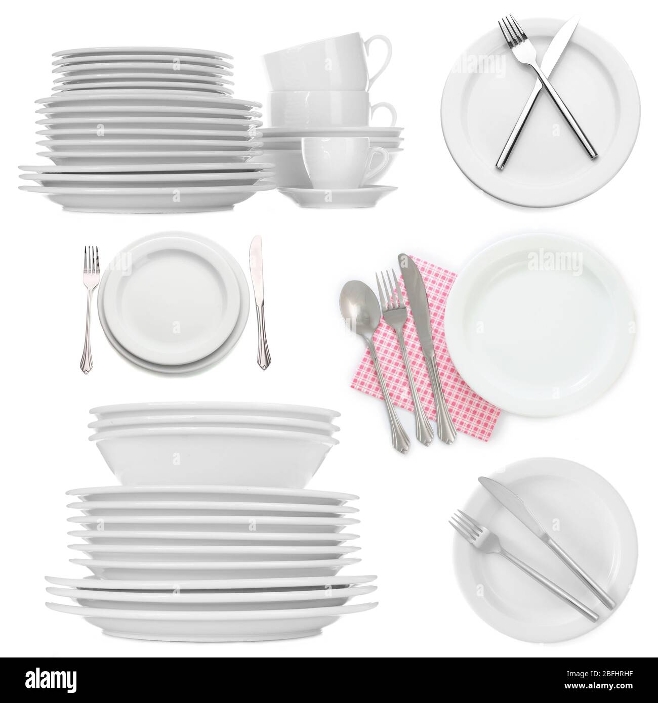 Collage of white tableware isolated on white Stock Photo - Alamy