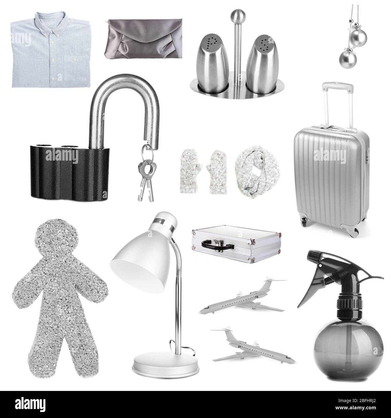 Collage of different objects in shades of gray, isolated on white Stock ...