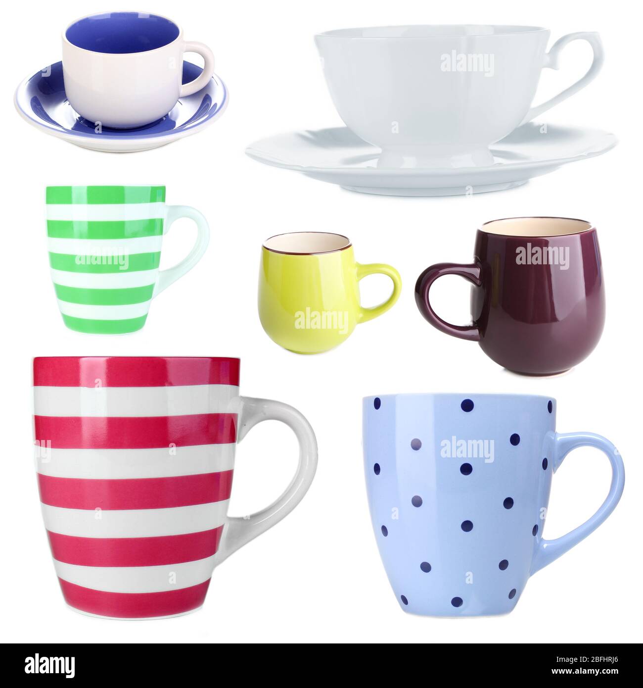 Collage of colorful cups isolated on white Stock Photo - Alamy