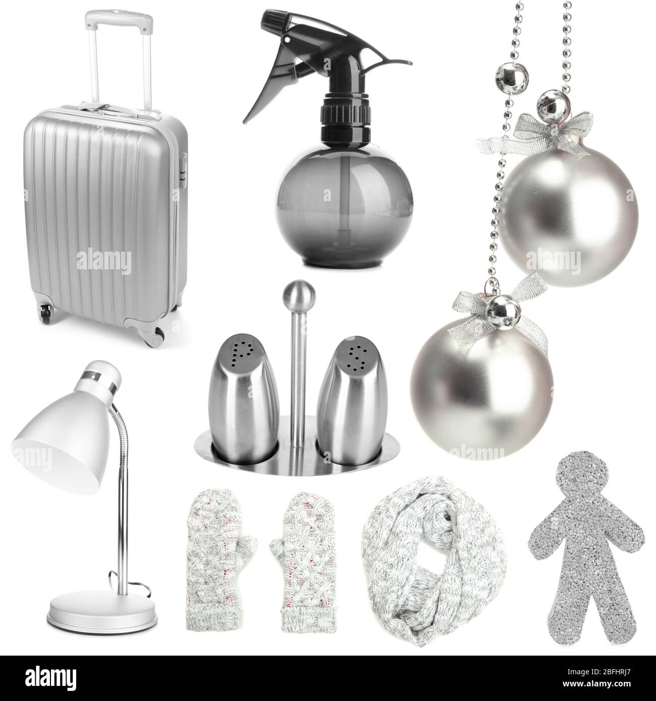 Collage of different objects in shades of gray, isolated on white Stock ...