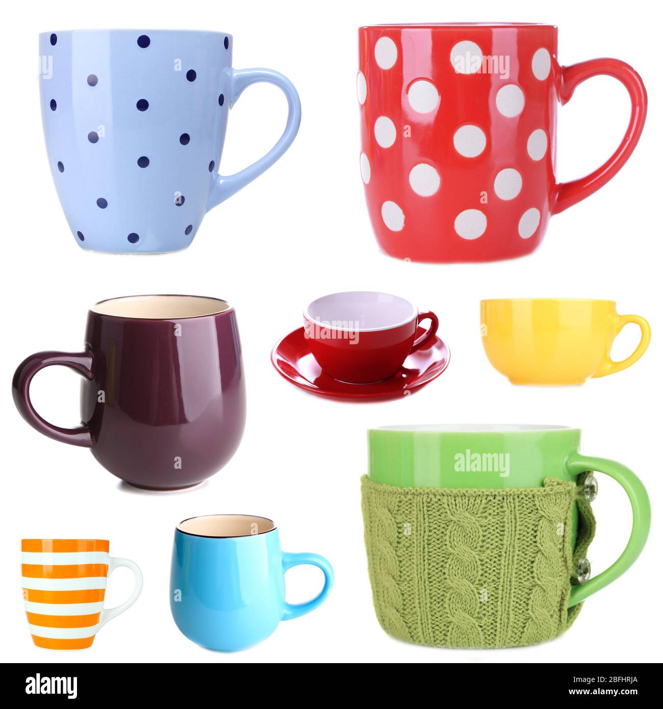 Collage of colorful cups isolated on white Stock Photo - Alamy