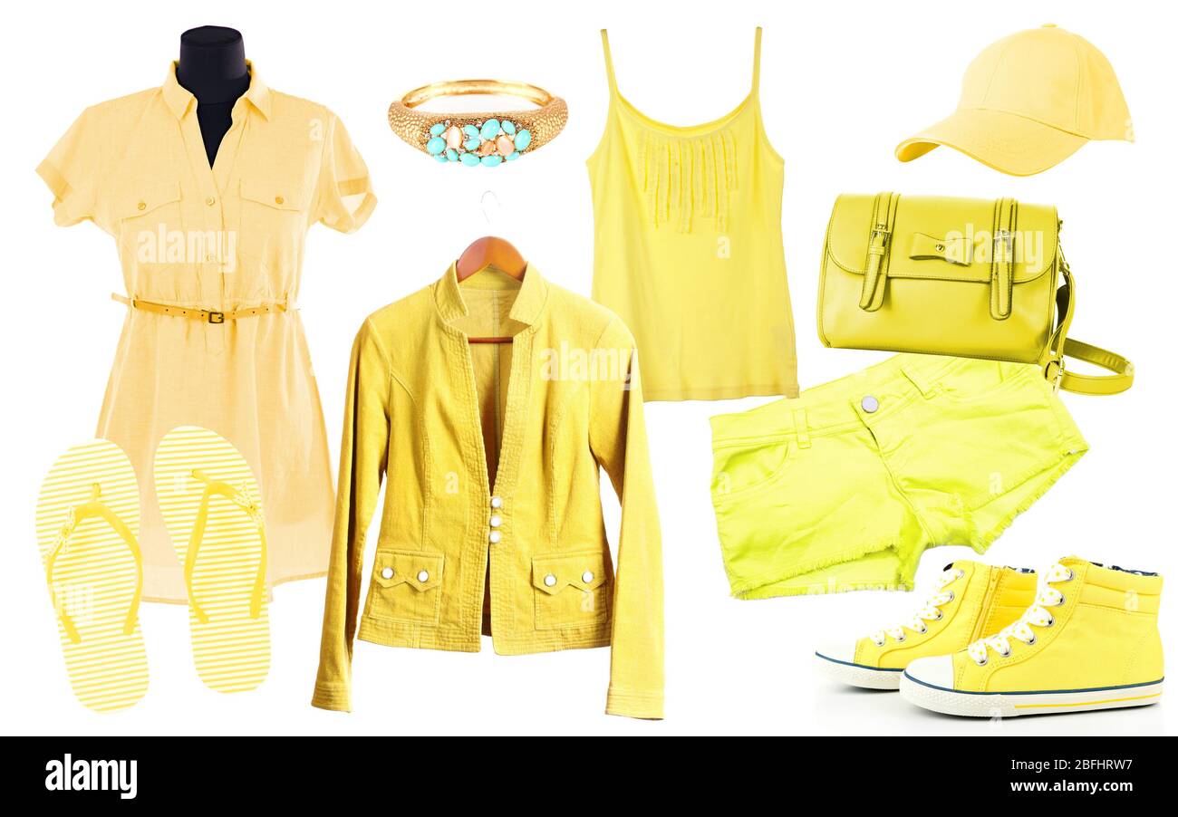 Collage of clothes in yellow colors isolated on white Stock Photo - Alamy