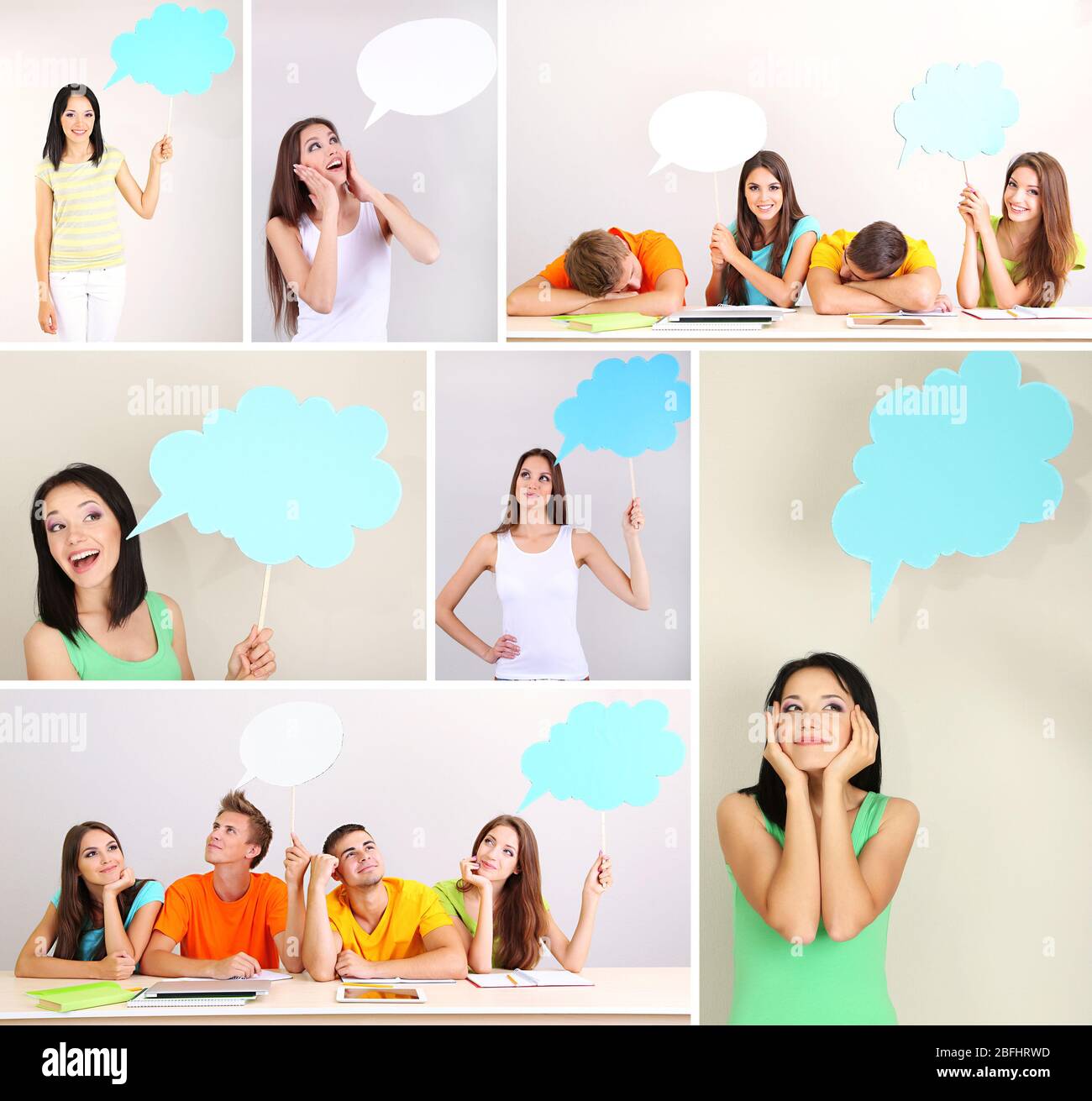 Collage of group young people with empty think bubbles Stock Photo - Alamy
