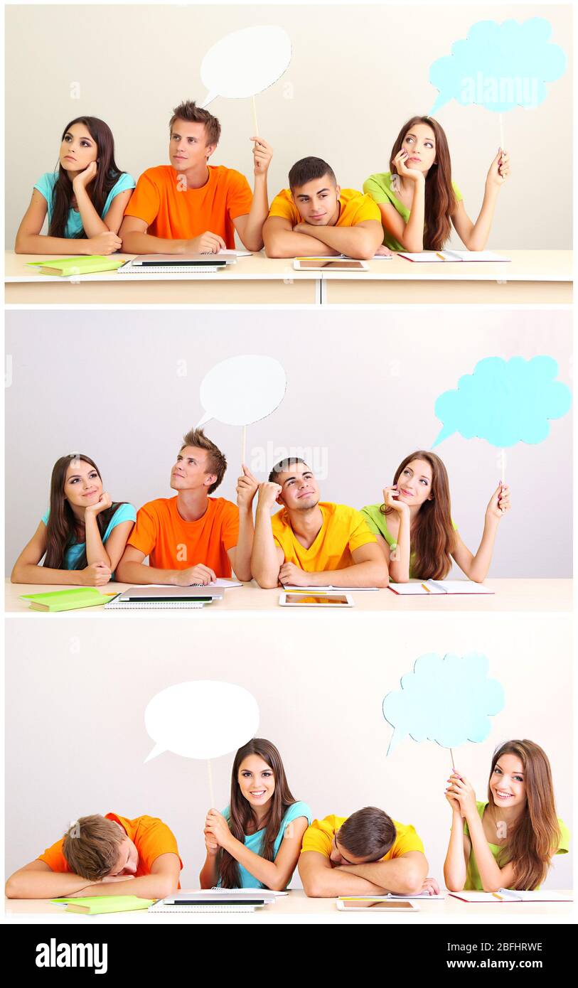 Collage of group of young students with empty think bubbles Stock Photo ...