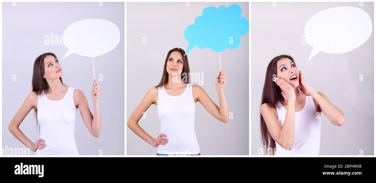 Collage of young pretty woman with empty think bubble Stock Photo - Alamy