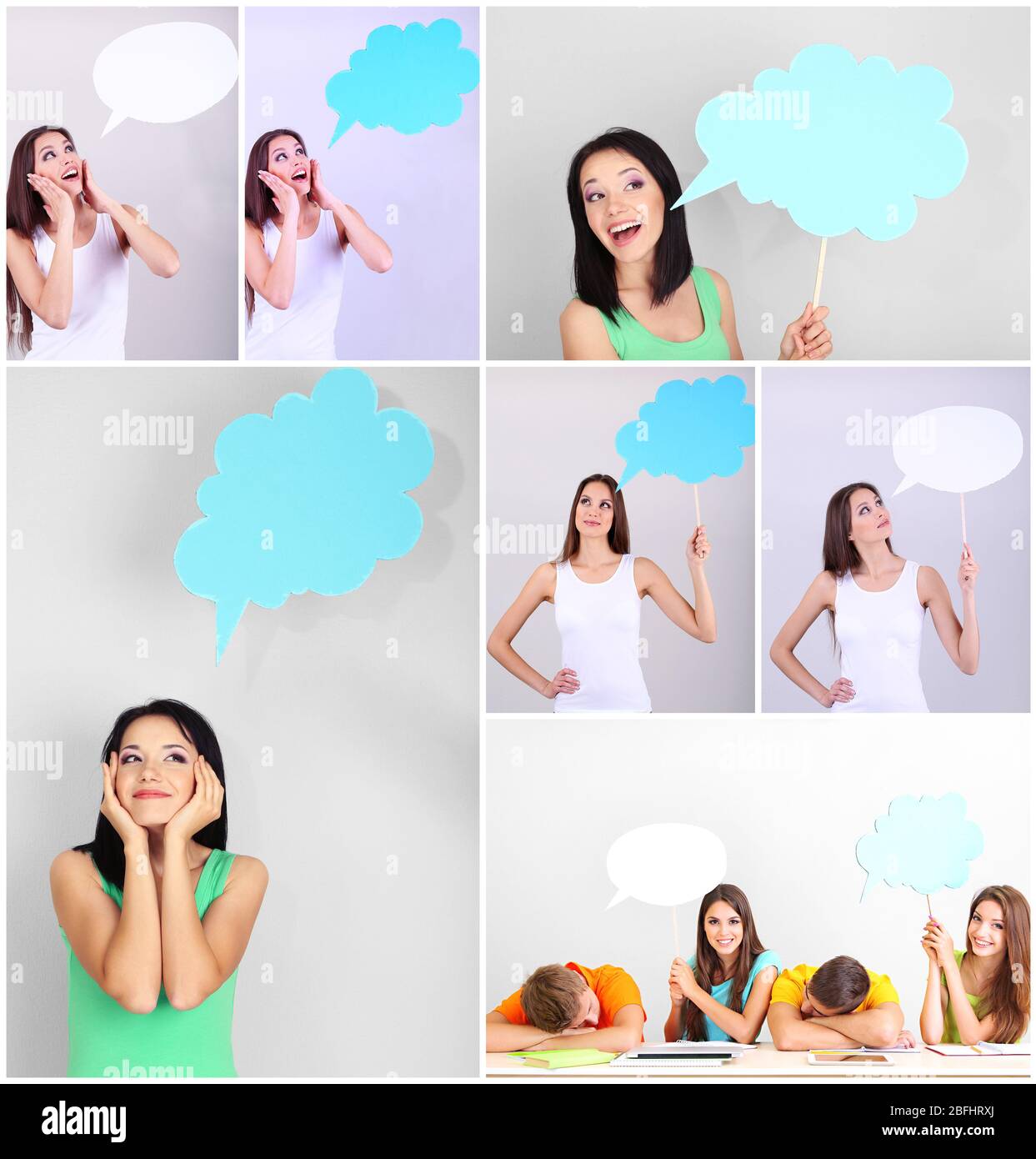 Collage of group young people with empty think bubbles Stock Photo - Alamy