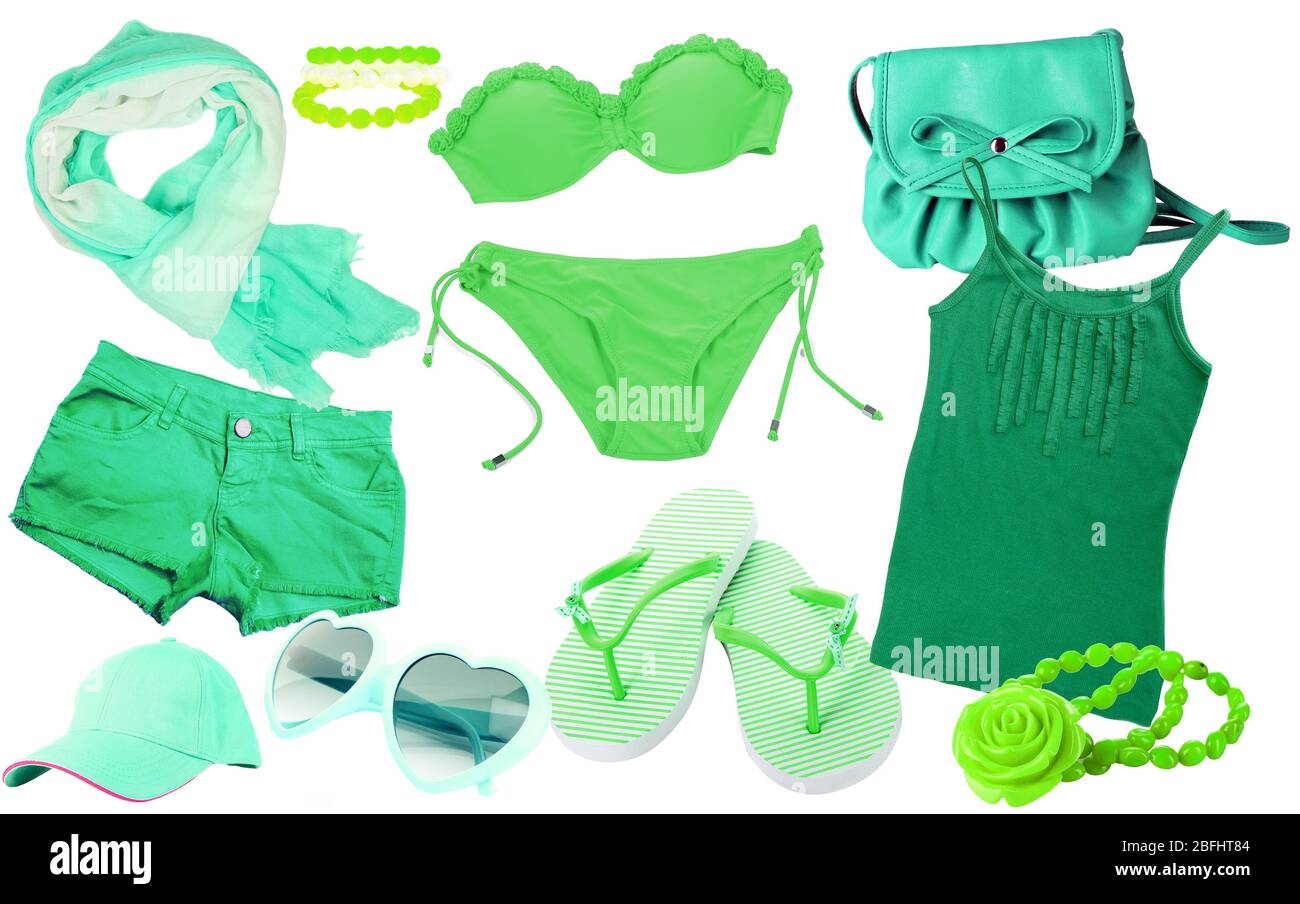 Collage of clothes in green colors isolated on white Stock Photo - Alamy