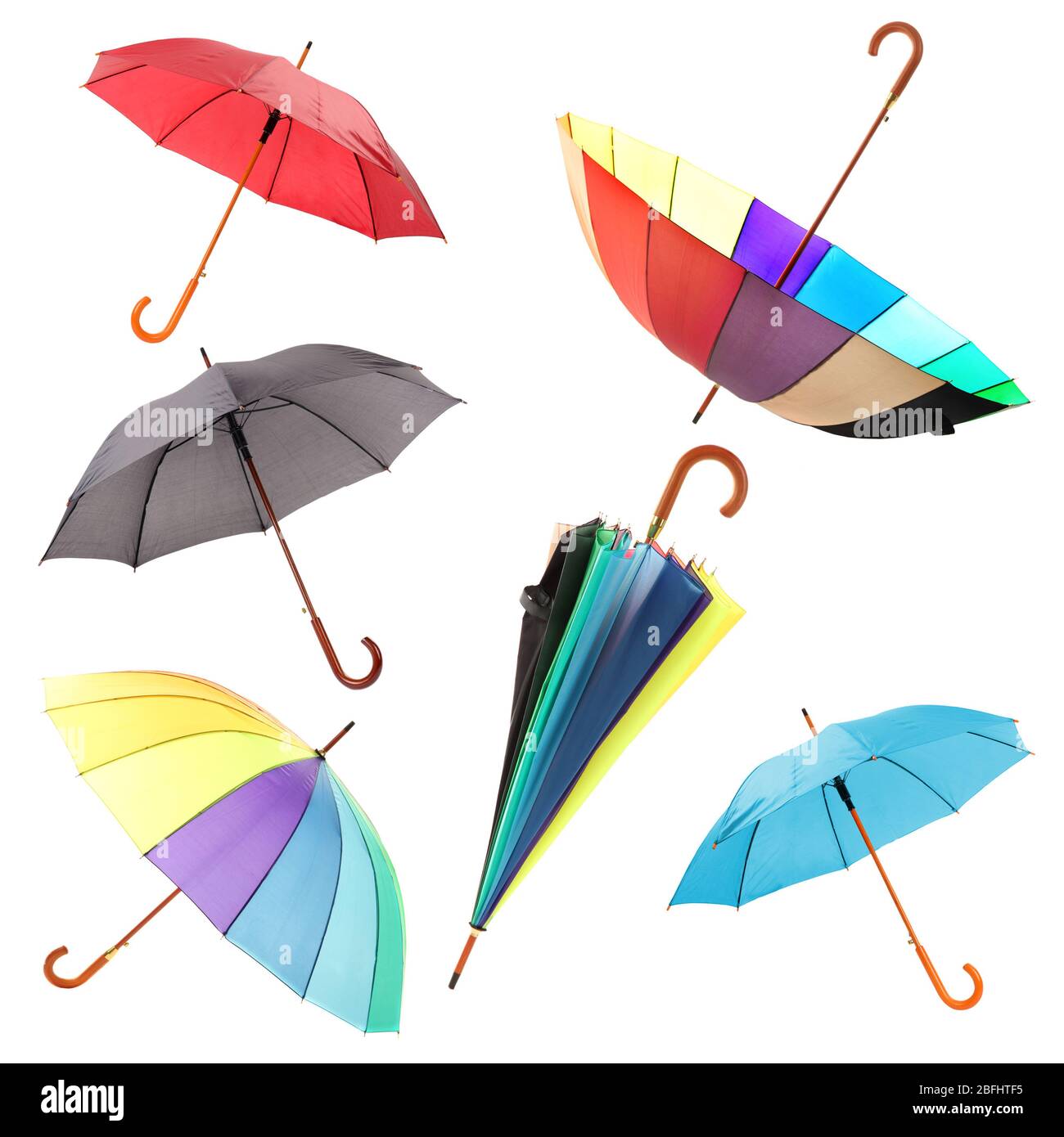Collage of umbrellas isolated on white Stock Photo - Alamy