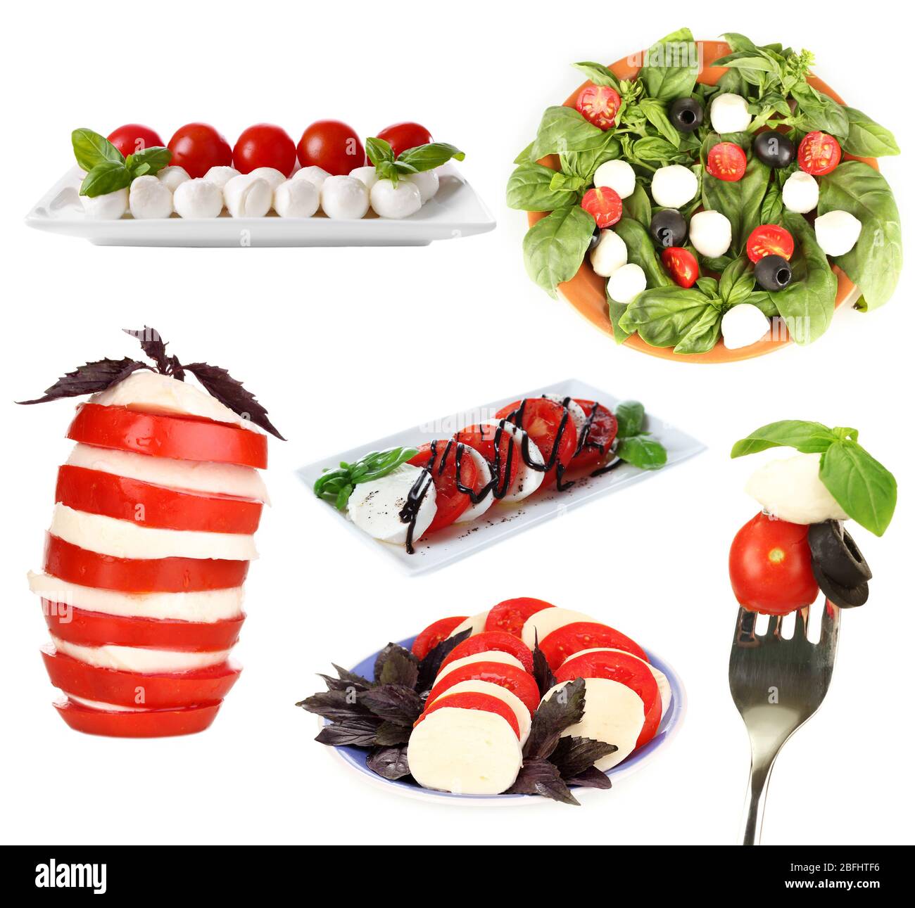 Collage of cheese mozzarella with vegetables isolated on white Stock ...