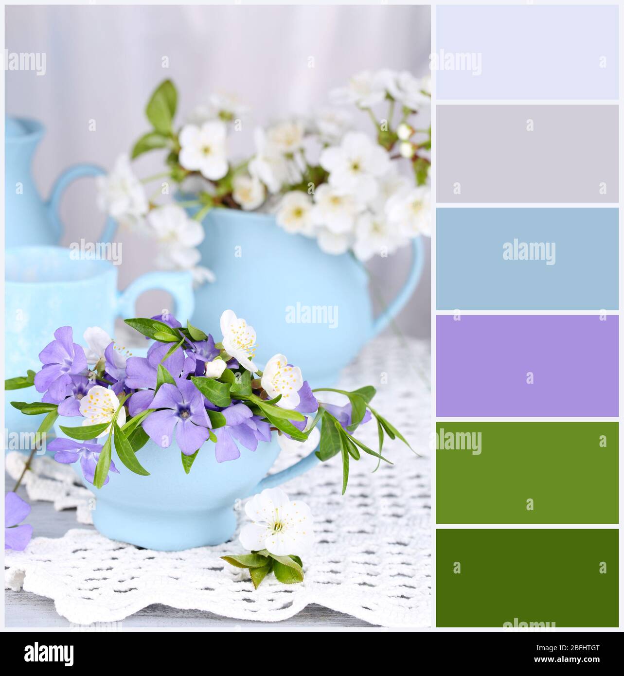 Spring flowers in cups on table. Color palette with complimentary ...