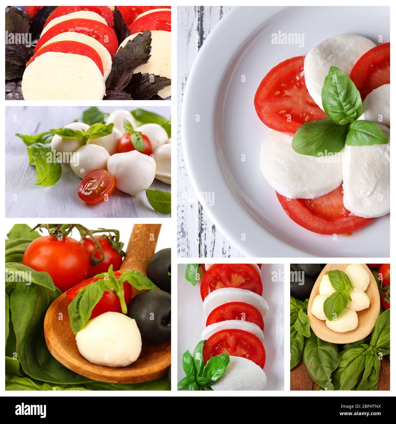 Collage of cheese mozzarella with tomatoes isolated on white Stock ...
