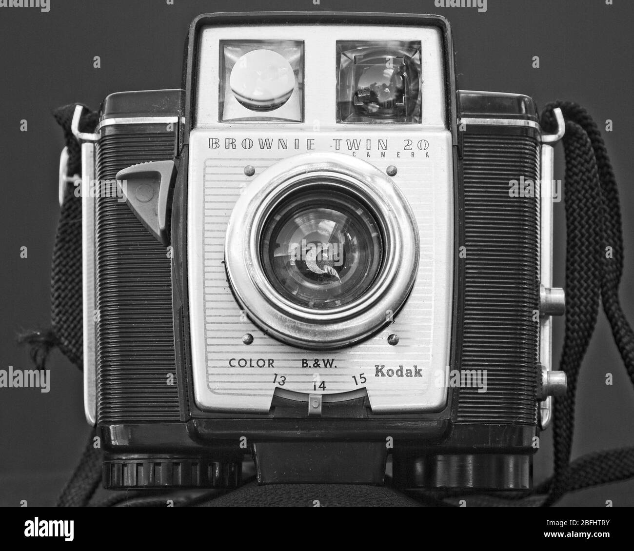 A close-up monochrome image of a Kodak Twin 20 vintage blalck and white ...