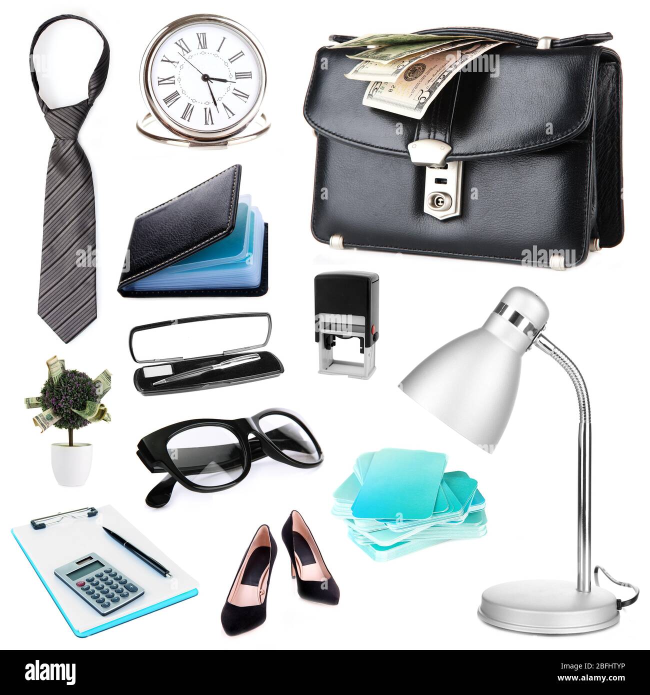 Collage of business stuff isolated on white Stock Photo - Alamy