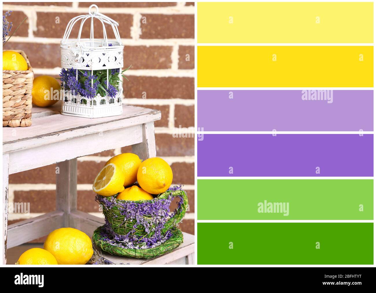 Still life with fresh lemons and lavender. Color palette with ...