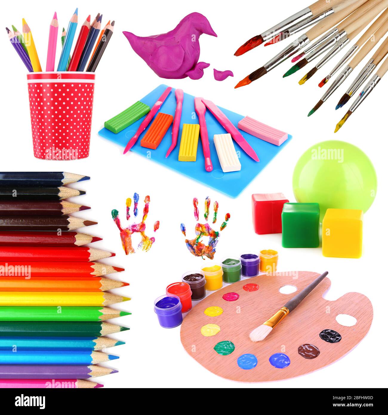 Collage of items for creativity isolated on white Stock Photo - Alamy