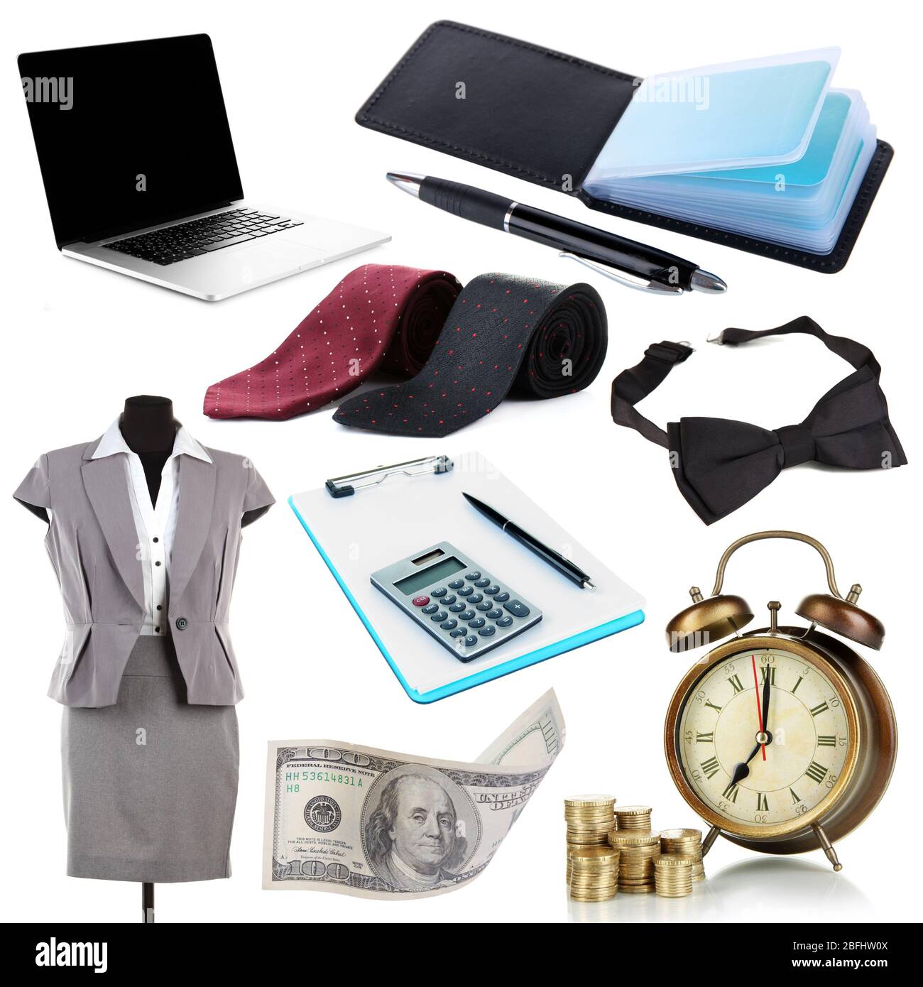 Collage of business stuff isolated on white Stock Photo - Alamy