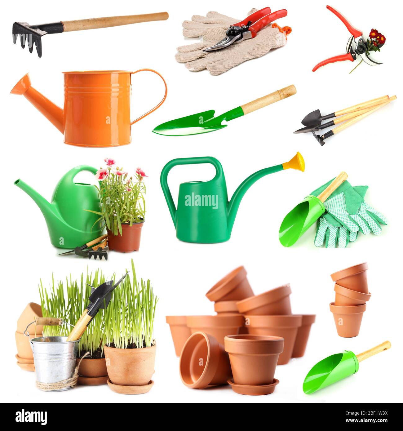 Collage of gardening tools isolated on white Stock Photo - Alamy