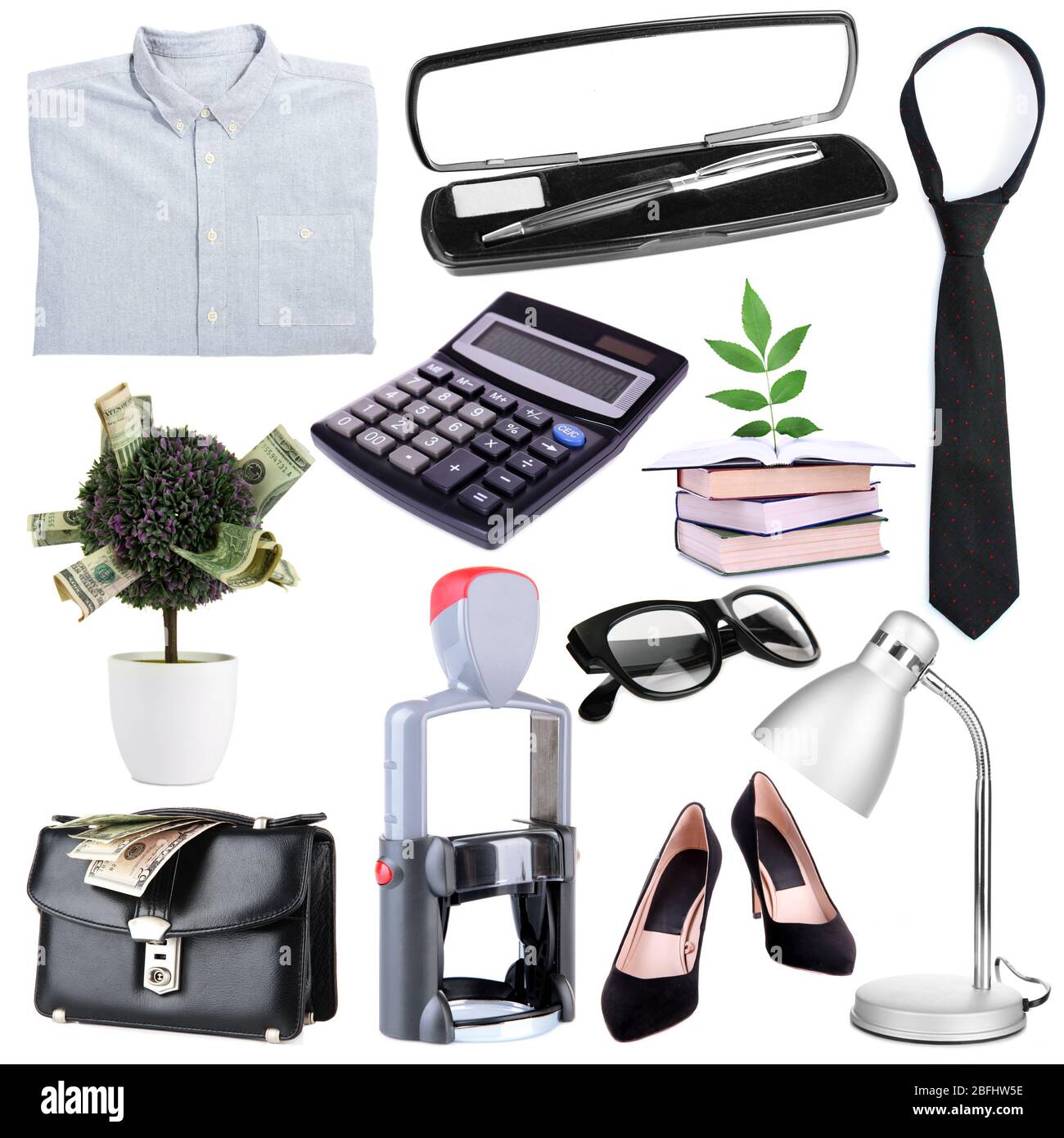 Collage of business stuff isolated on white Stock Photo - Alamy
