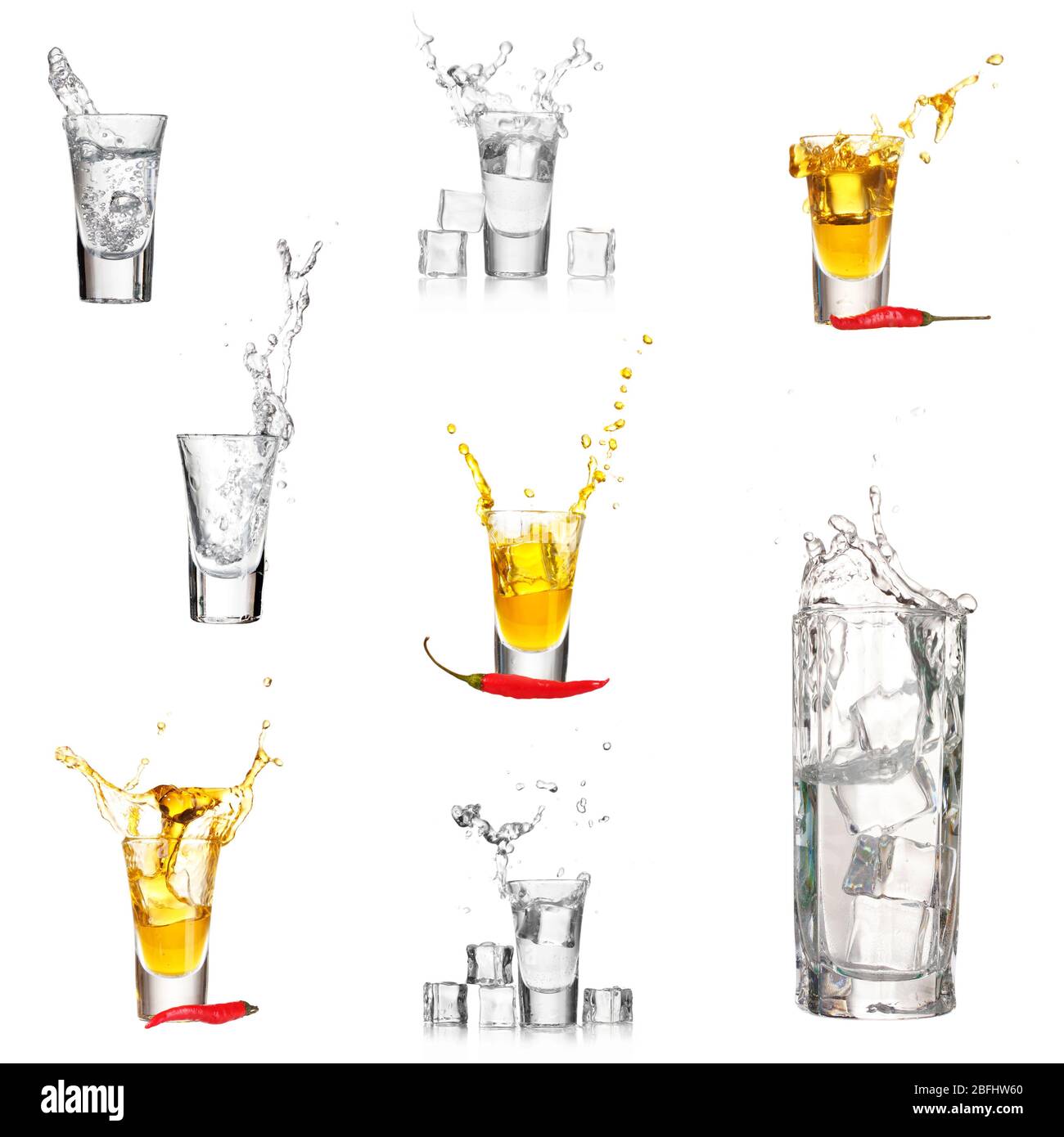 Collage of glasses vodka with splashes isolated on white Stock Photo ...