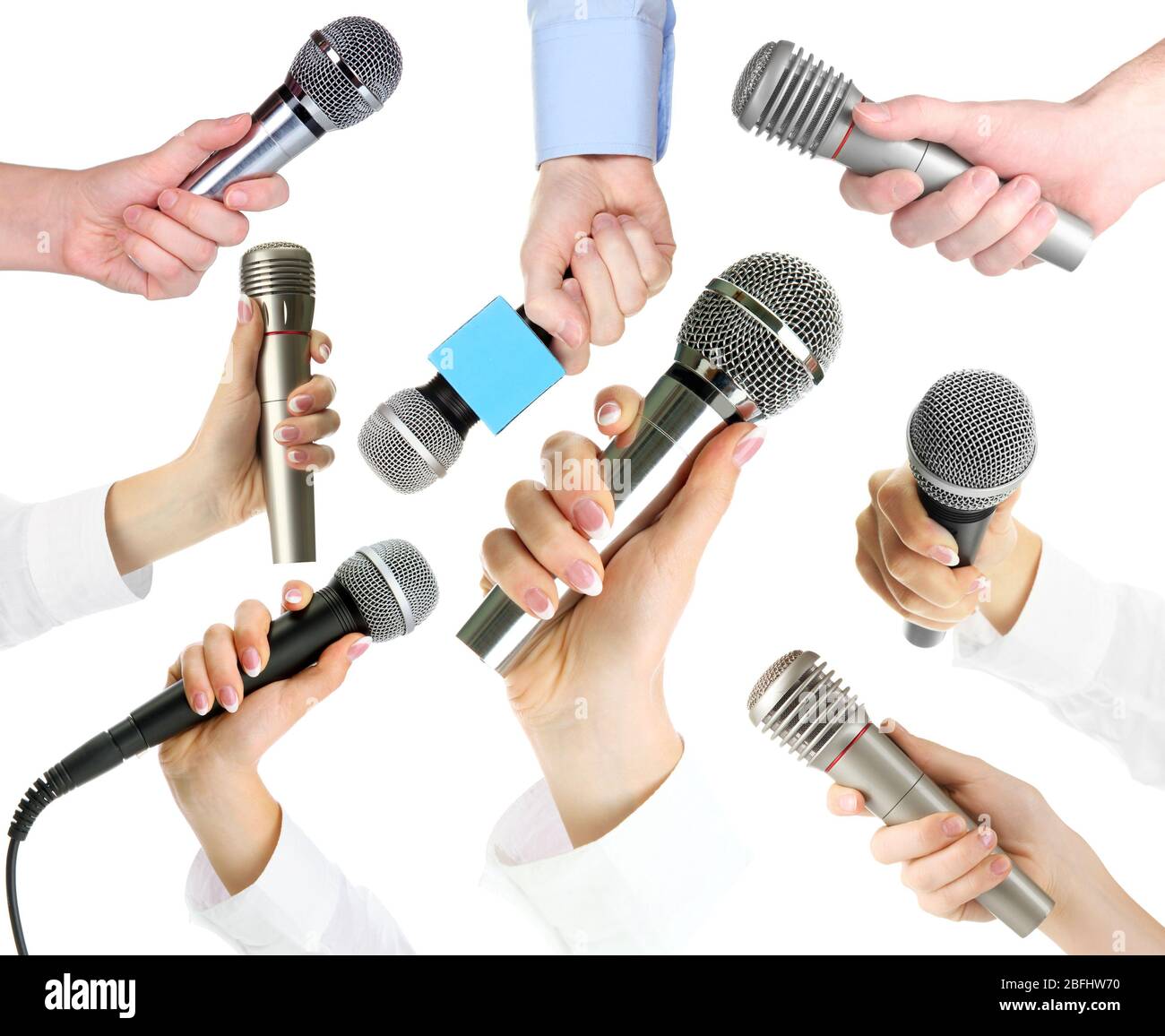 Collage of hands with microphone isolated on white Stock Photo - Alamy