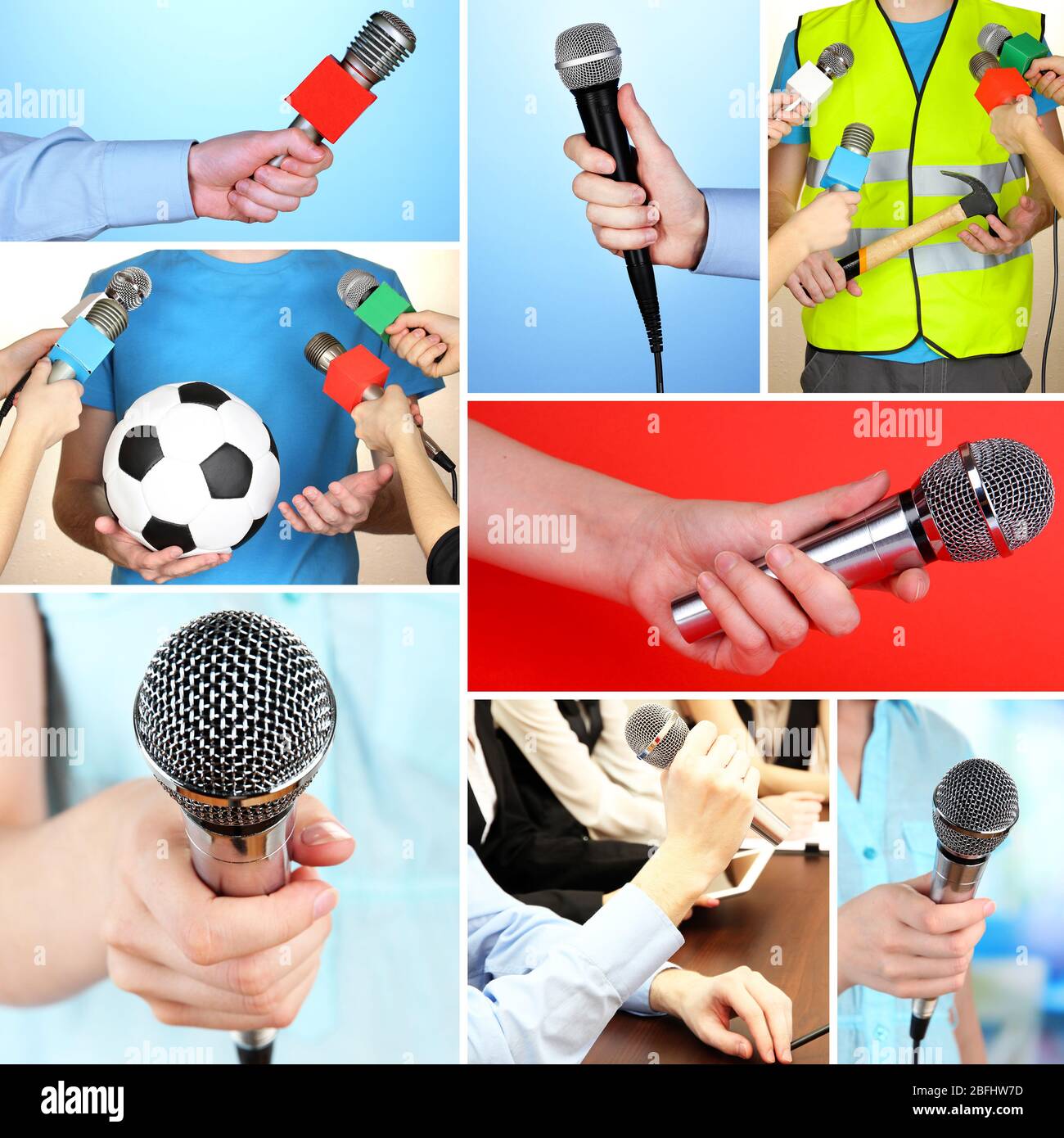 Collage of hands with microphone Stock Photo - Alamy