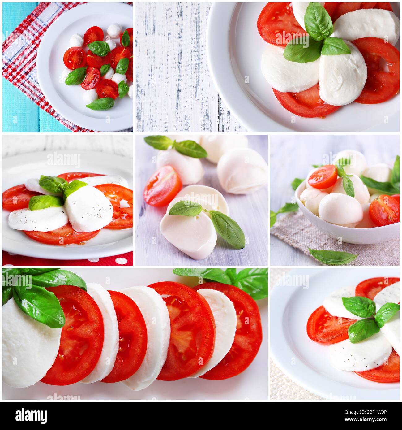 Collage of cheese mozzarella with tomatoes Stock Photo - Alamy