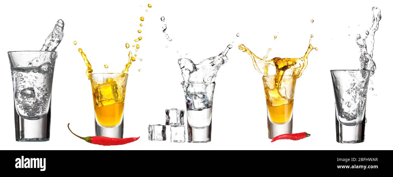 Collage of glasses vodka with splashes isolated on white Stock Photo ...