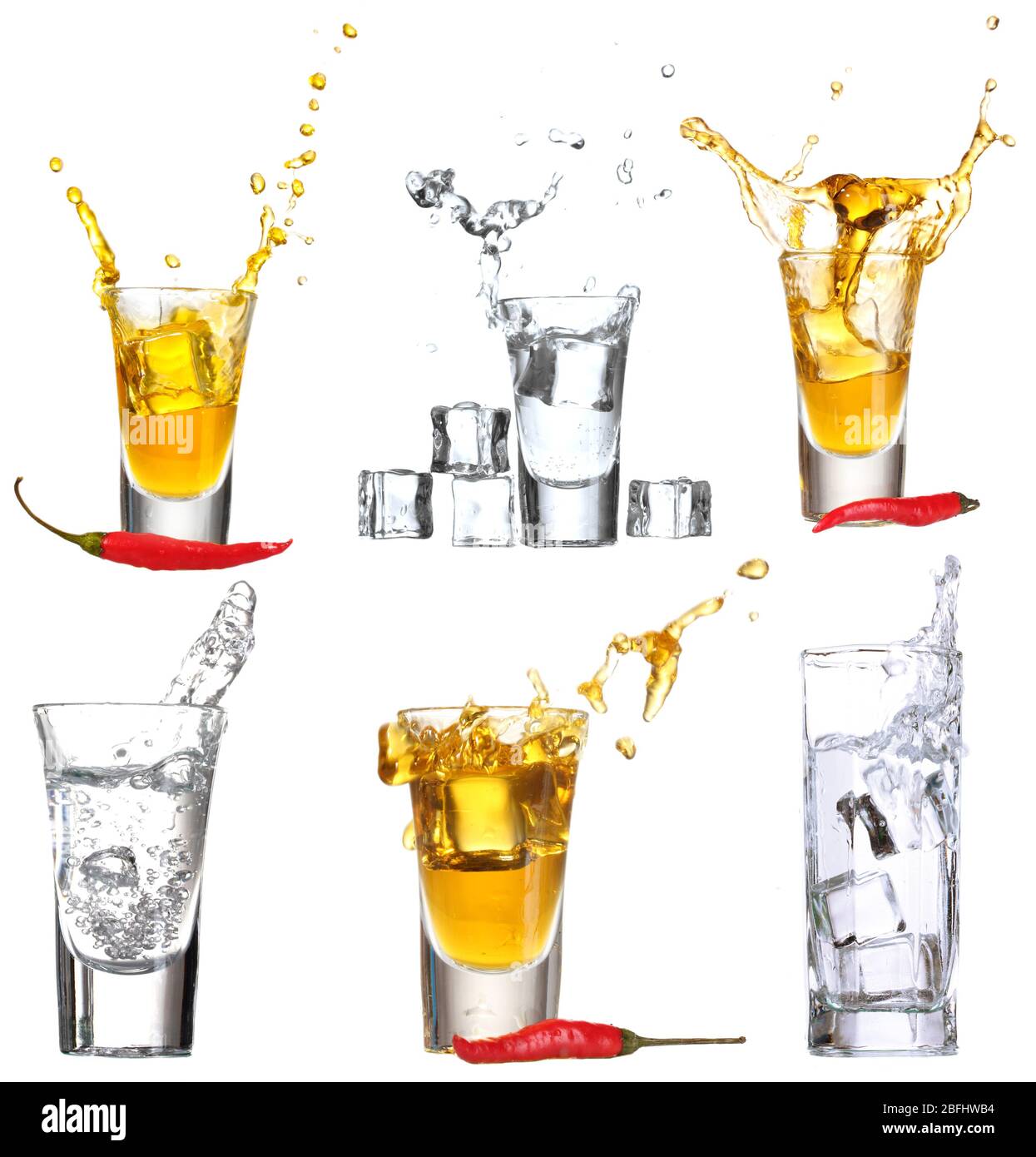 Collage of glasses vodka with splashes isolated on white Stock Photo ...