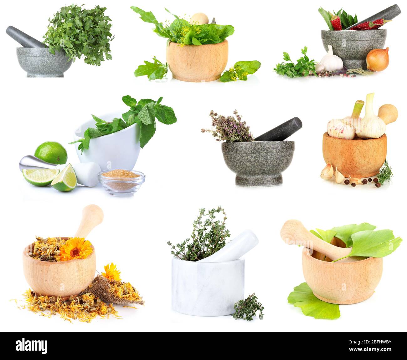 Collage of different herbs isolated on white Stock Photo - Alamy