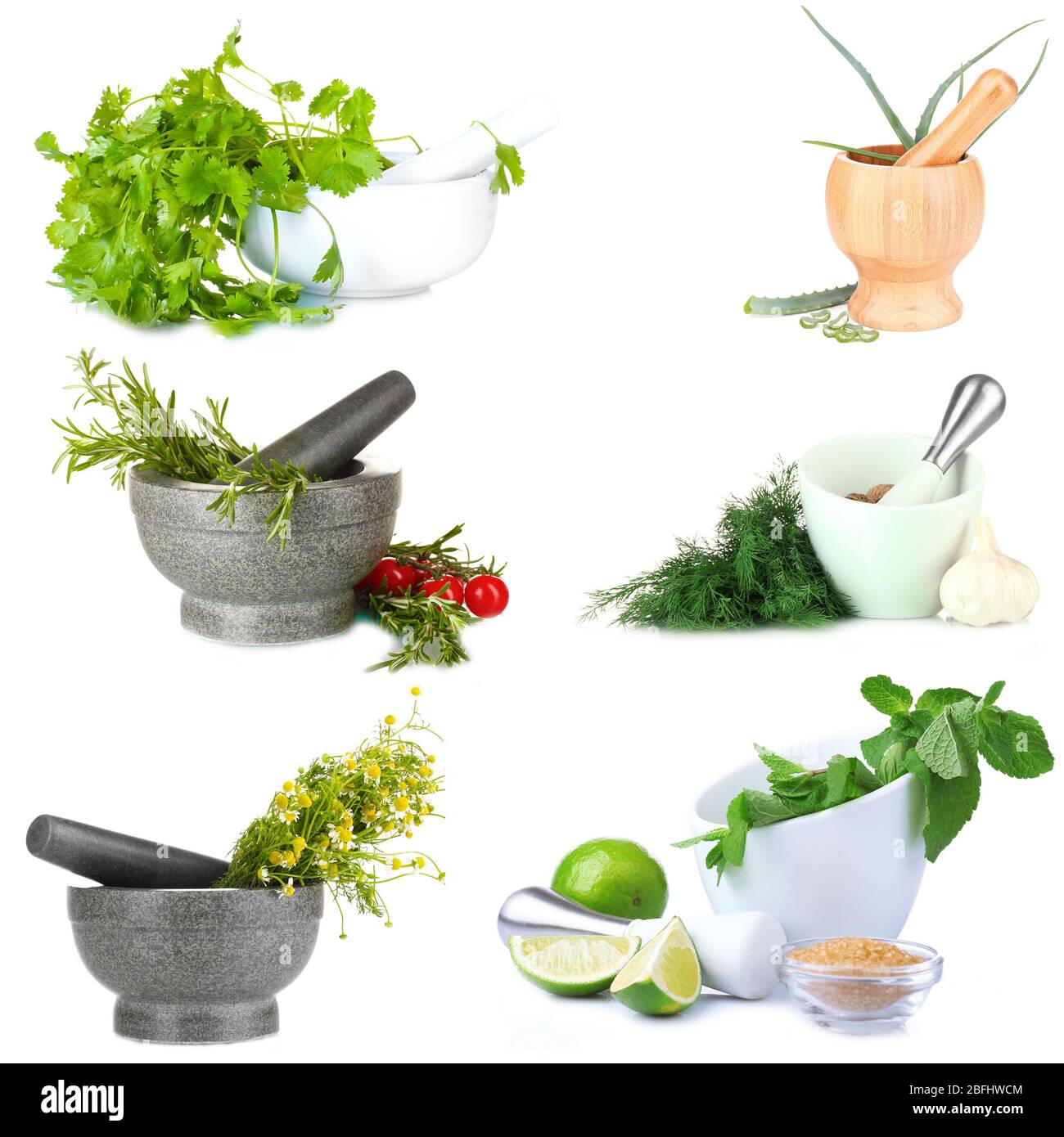 Collage of different herbs isolated on white Stock Photo - Alamy