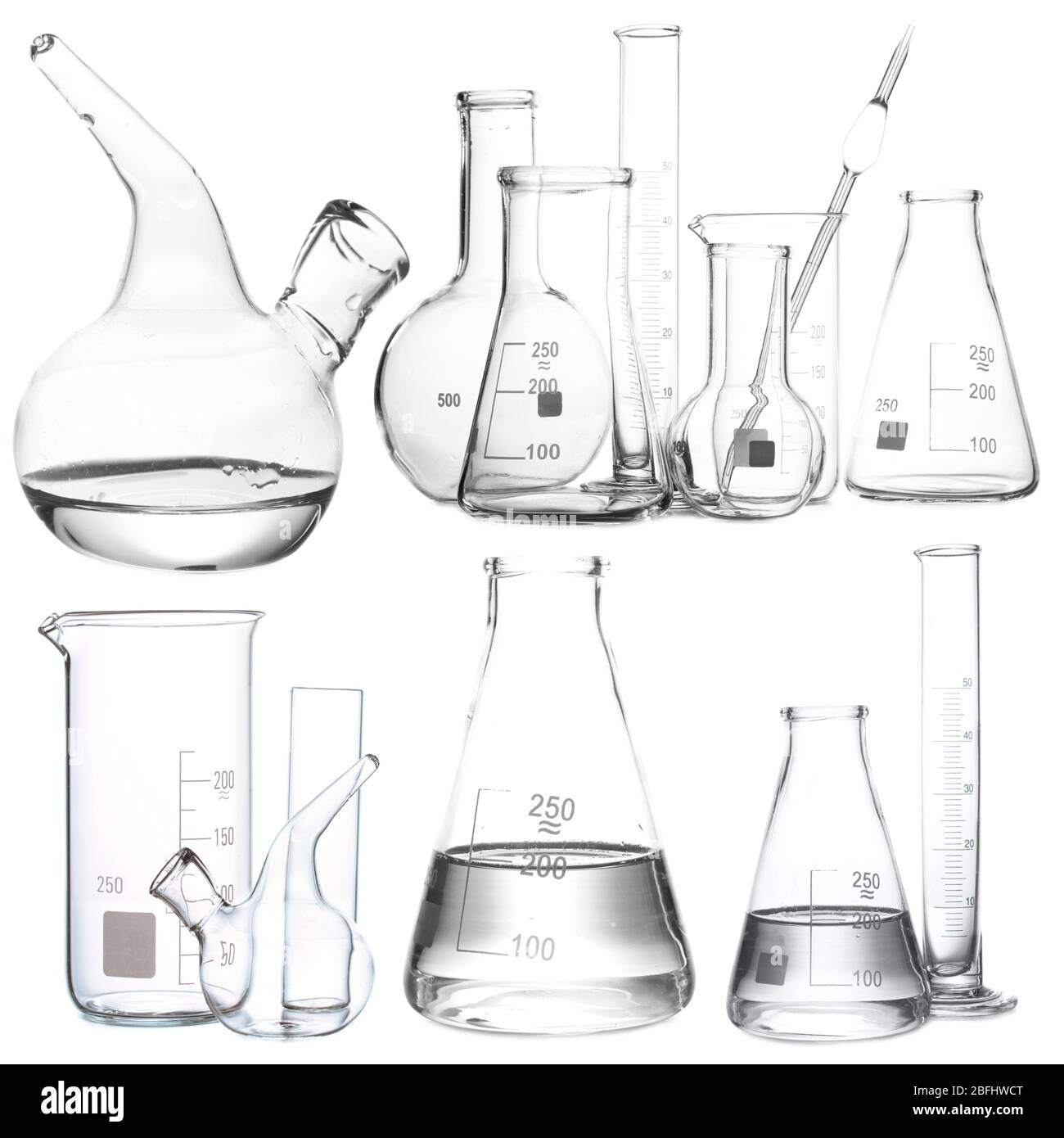 Collage of different laboratory glassware isolated on white Stock Photo ...
