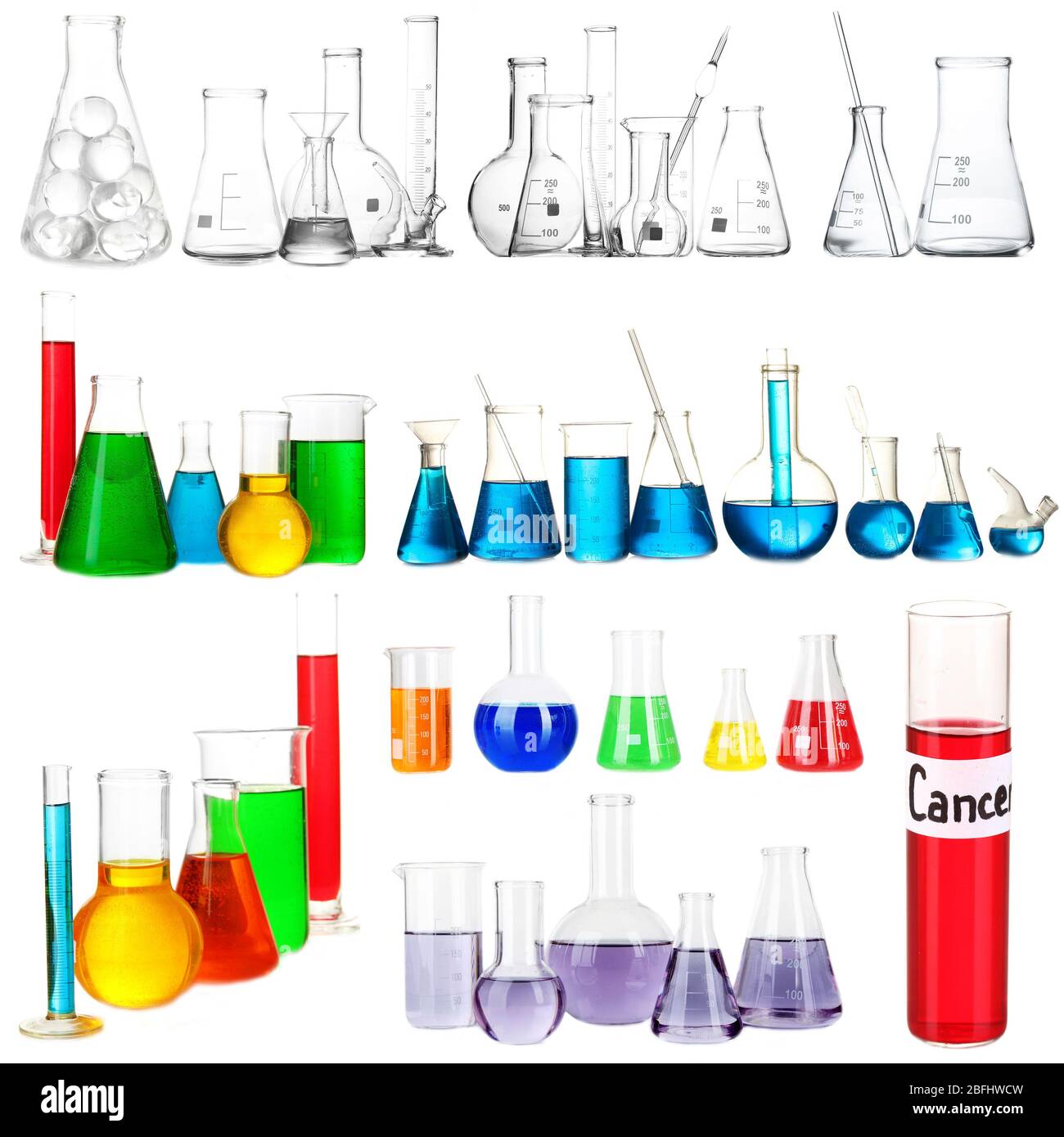 Collage of different laboratory glassware isolated on white Stock Photo ...