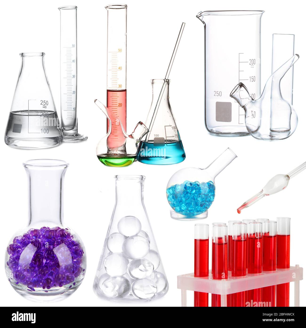 Collage of different laboratory glassware isolated on white Stock Photo ...