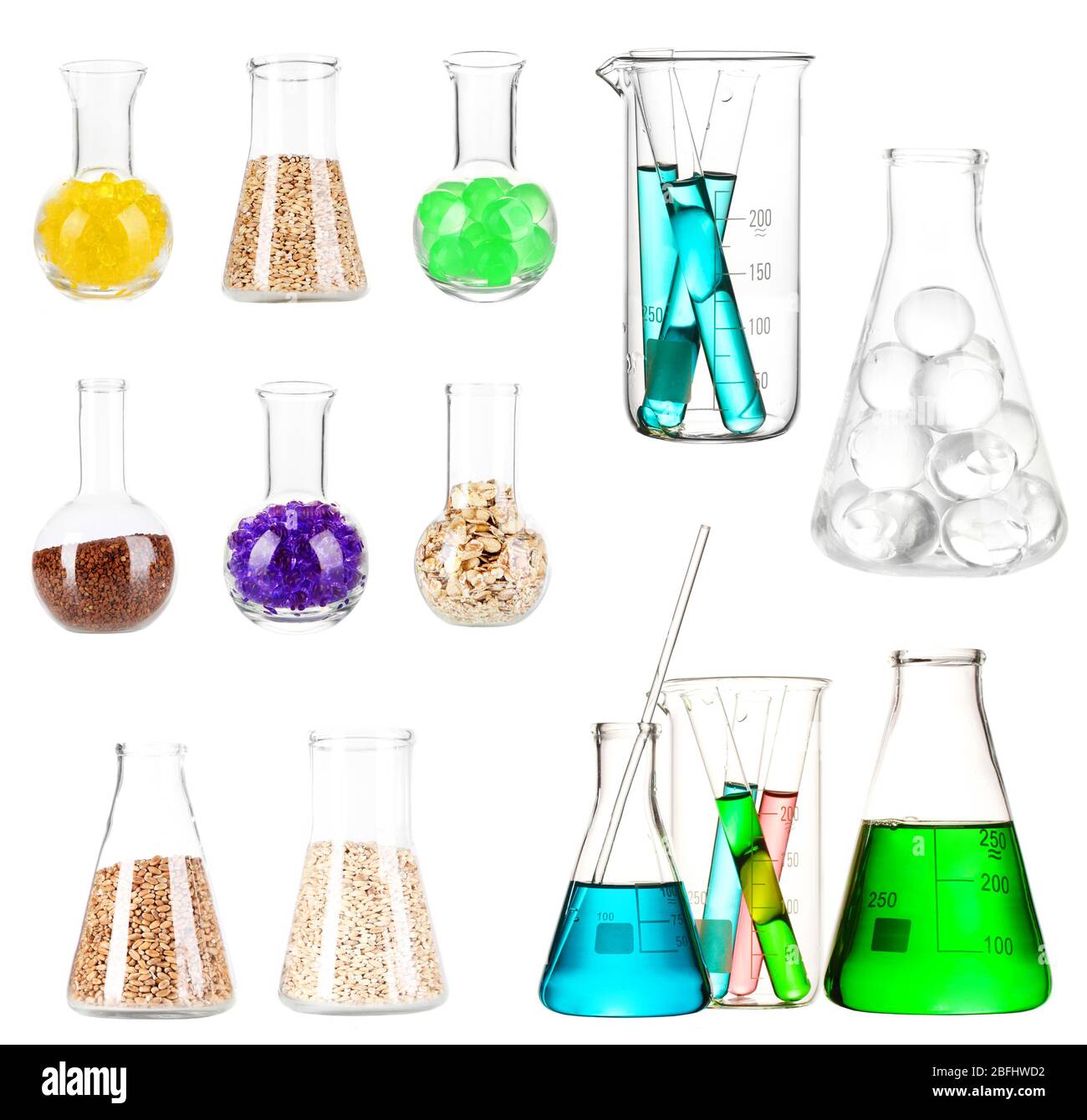 Collage of different laboratory glassware isolated on white Stock Photo ...