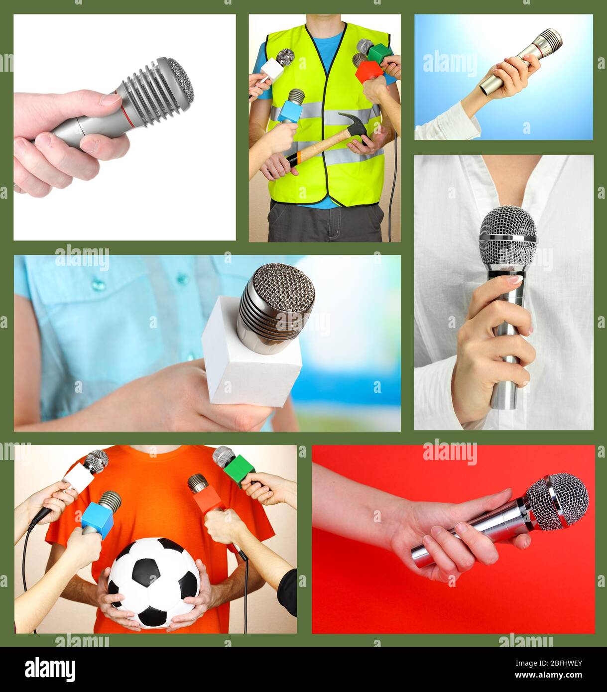Collage of hands with microphone Stock Photo - Alamy
