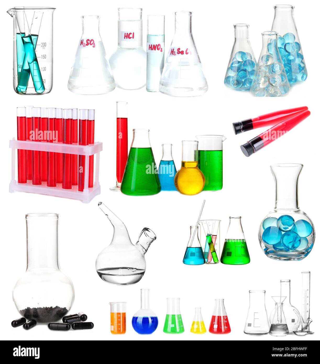 Collage of different laboratory glassware isolated on white Stock Photo ...