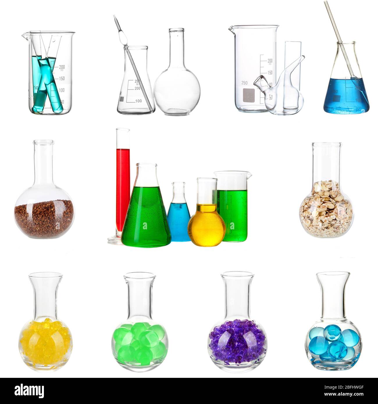 Collage of different laboratory glassware isolated on white Stock Photo ...