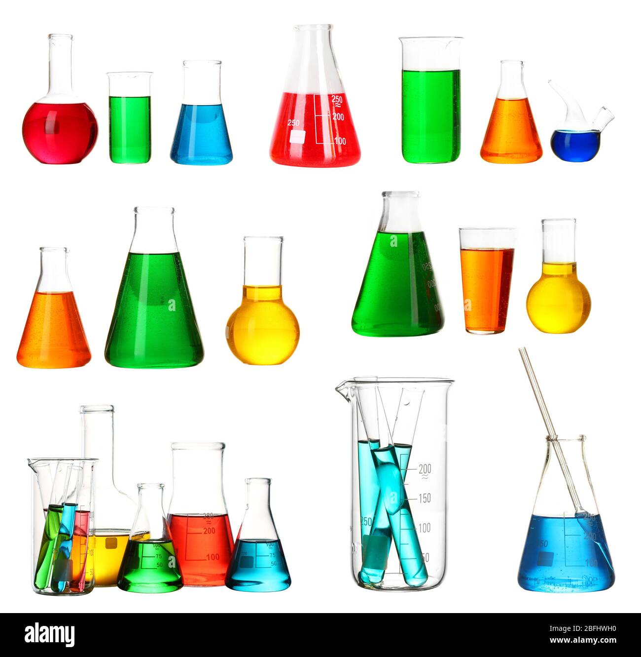 Collage of different laboratory glassware isolated on white Stock Photo ...