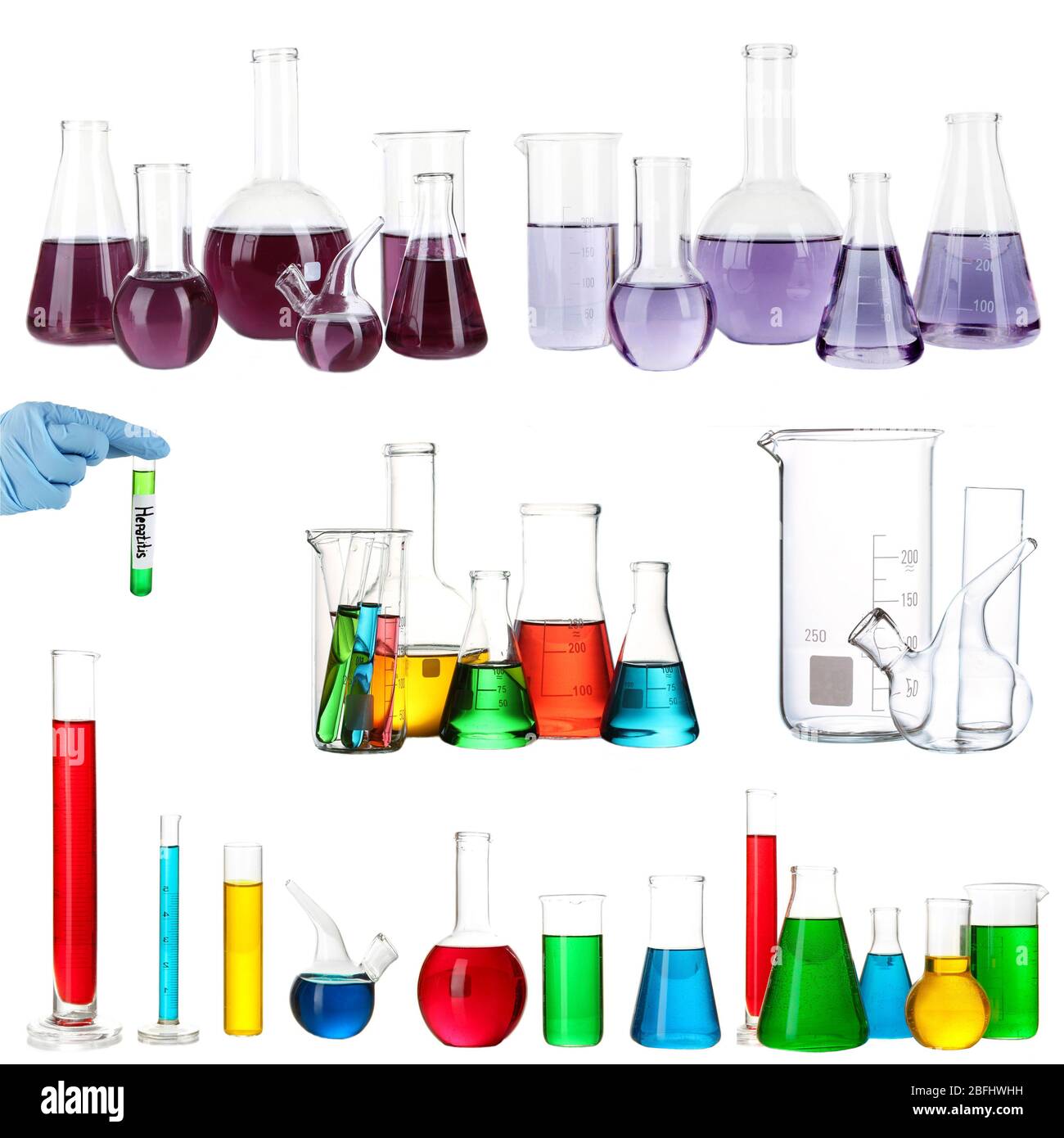 Collage of different laboratory glassware isolated on white Stock Photo ...