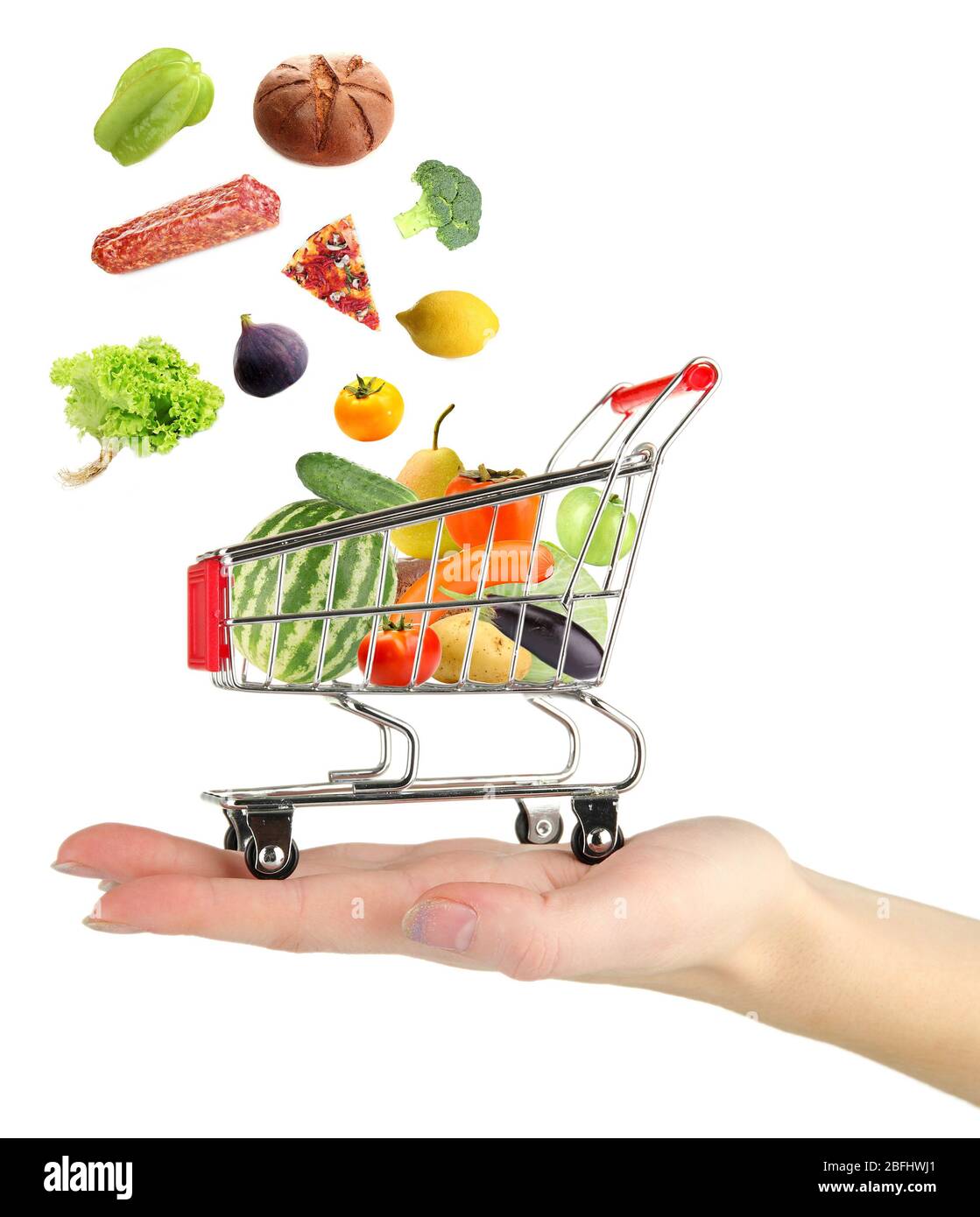 Shopping trolley on woman hand, isolated on white Stock Photo - Alamy