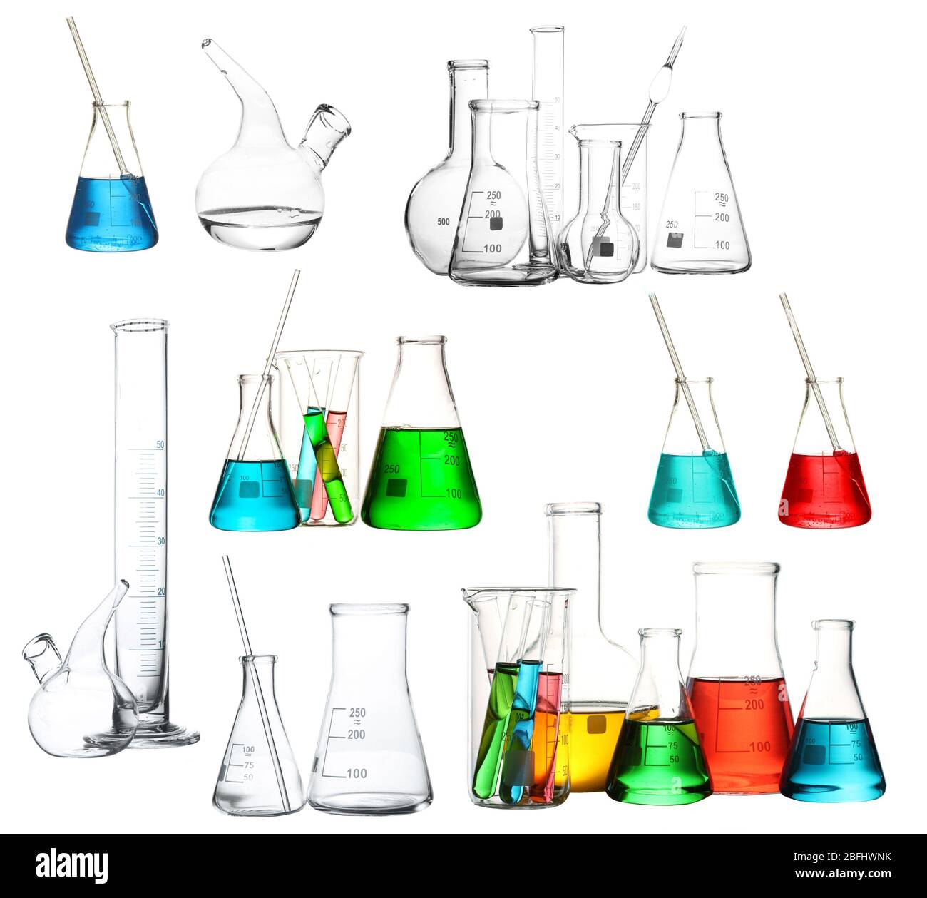 Collage of different laboratory glassware isolated on white Stock Photo ...