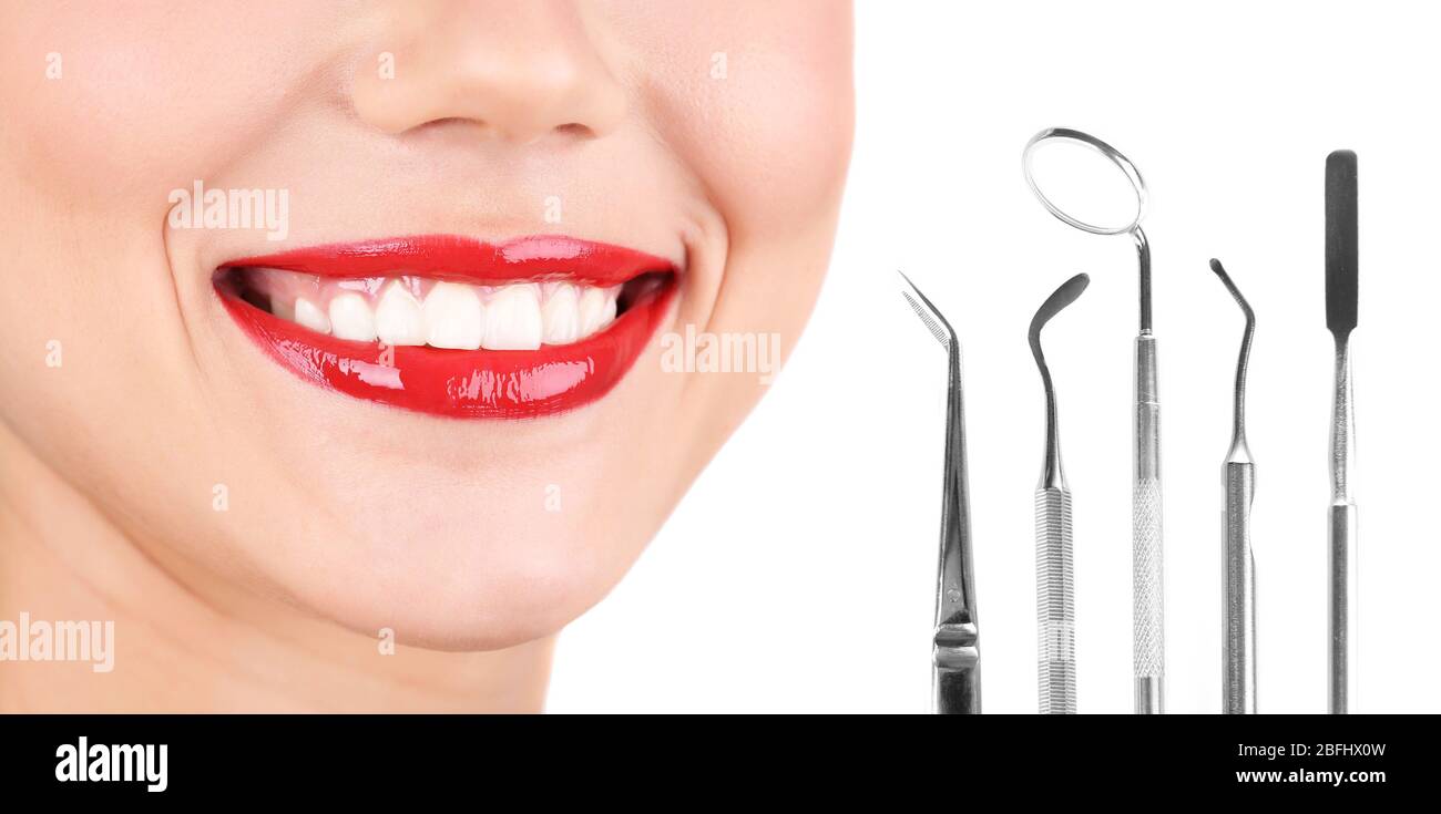 Teeth care concept. Healthy teeth and dental tools Stock Photo - Alamy