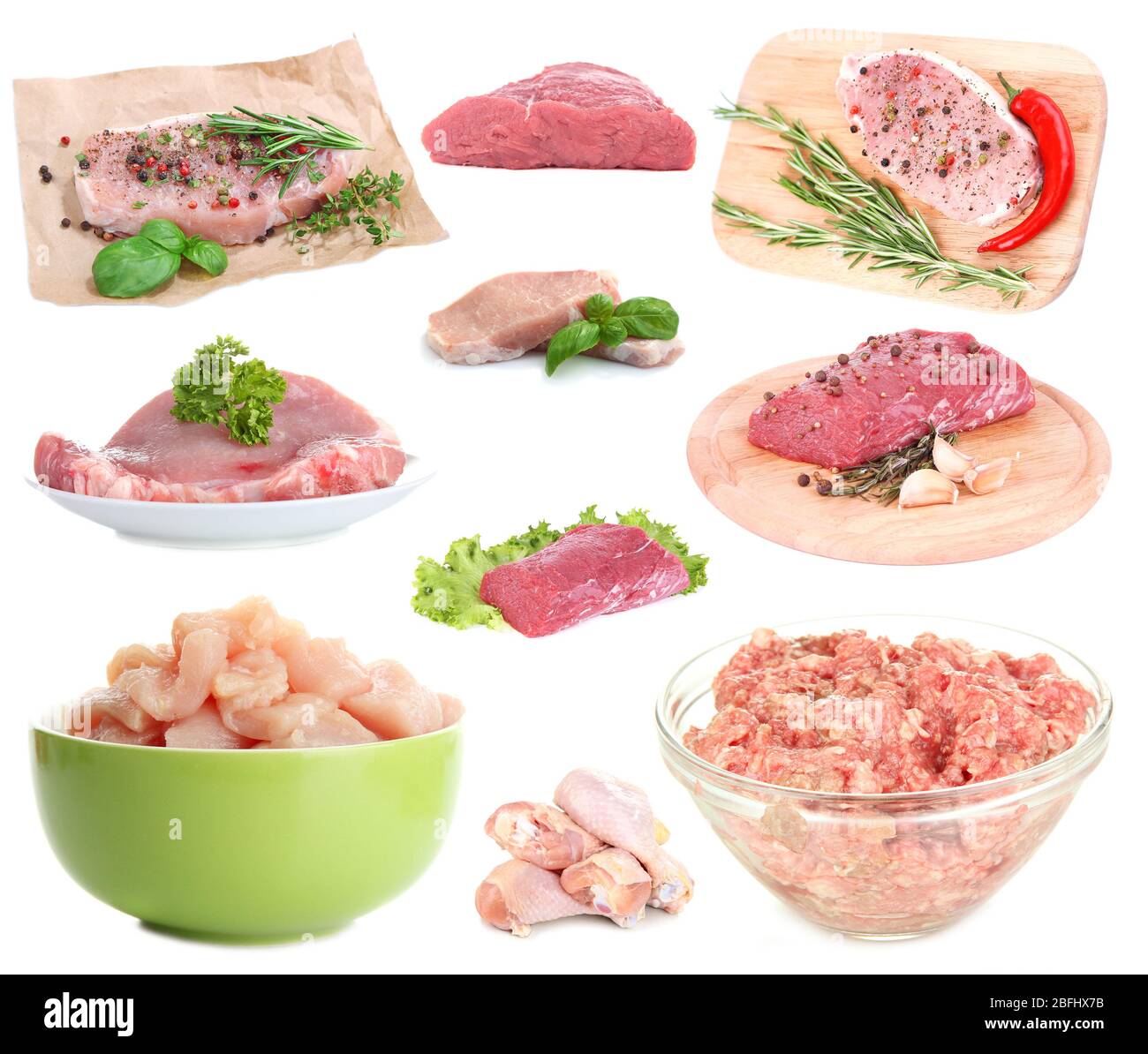 Collage of raw meat isolated on white Stock Photo - Alamy