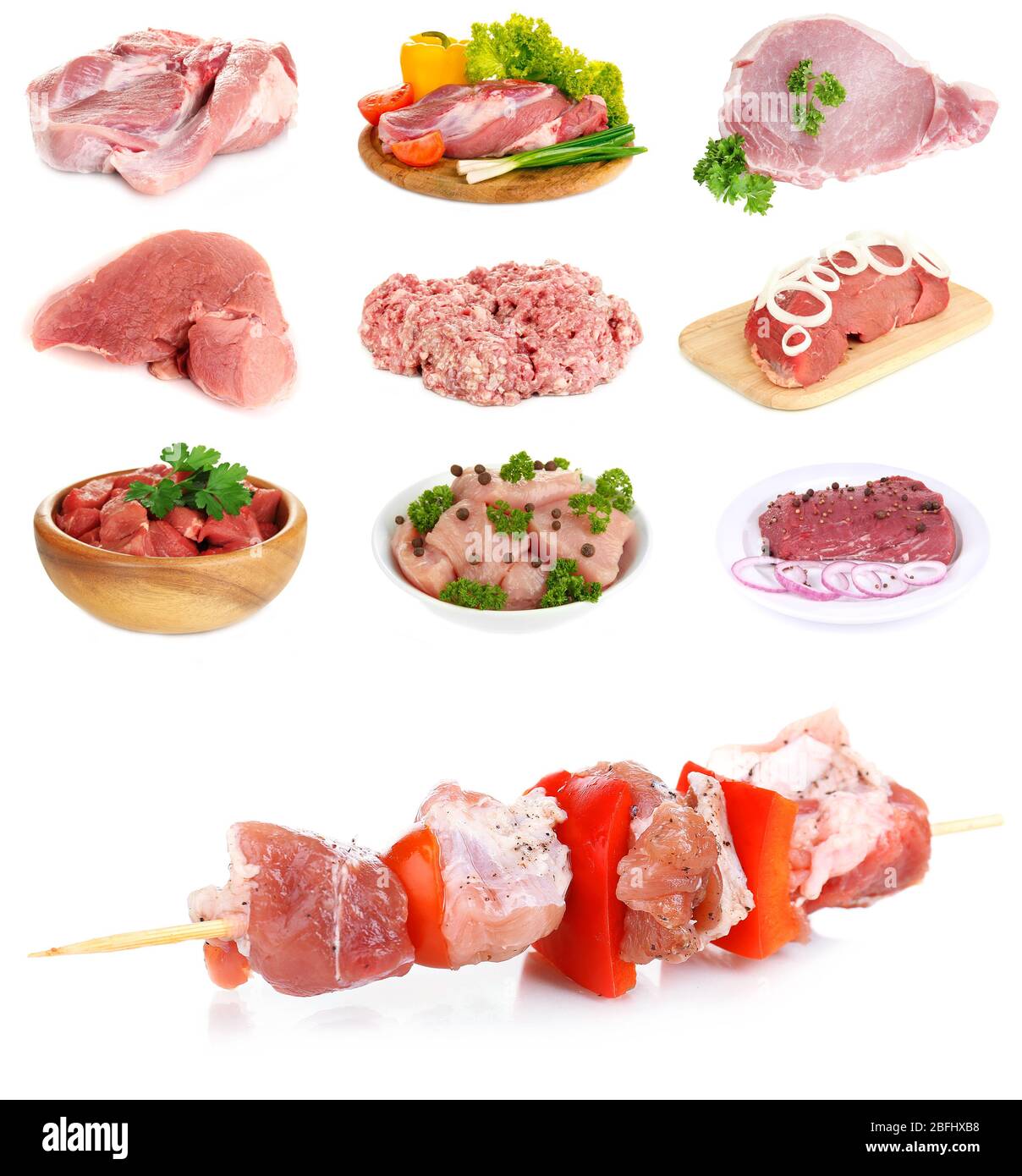 Collage of raw meat isolated on white Stock Photo - Alamy