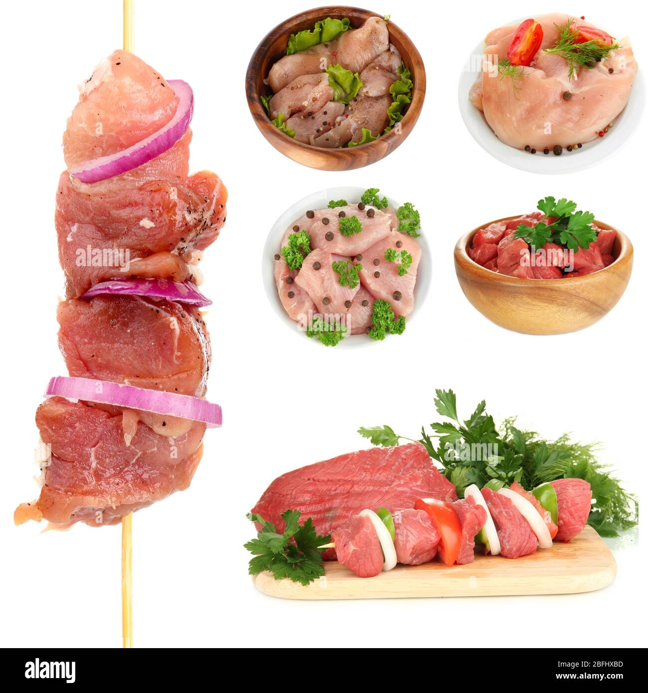 Collage of raw meat isolated on white Stock Photo - Alamy