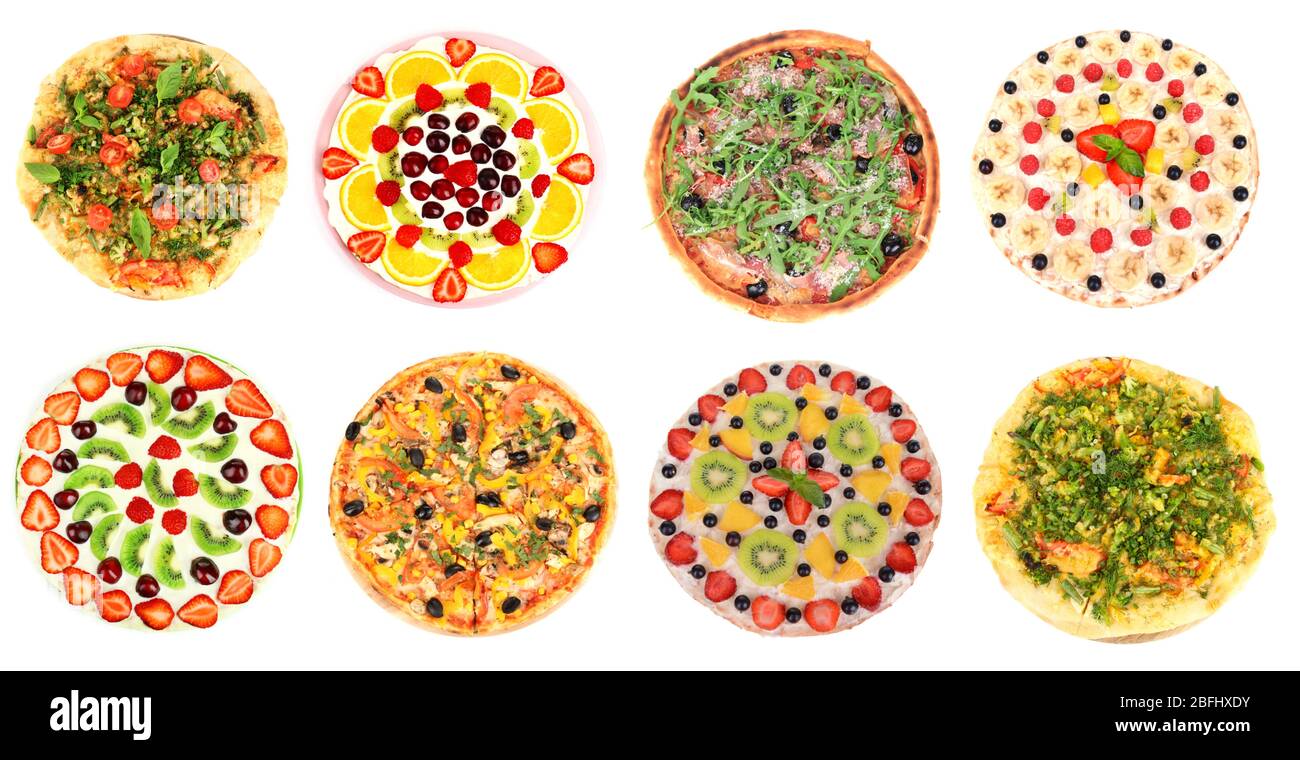 Collage of different pizza isolated on white Stock Photo - Alamy