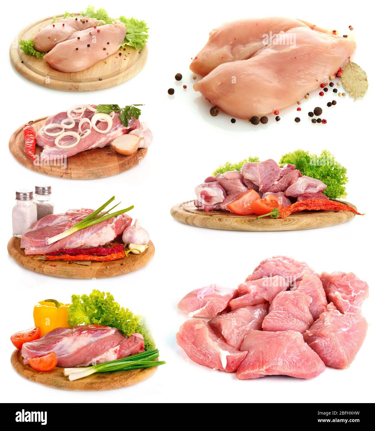 Collage of raw meat isolated on white Stock Photo - Alamy