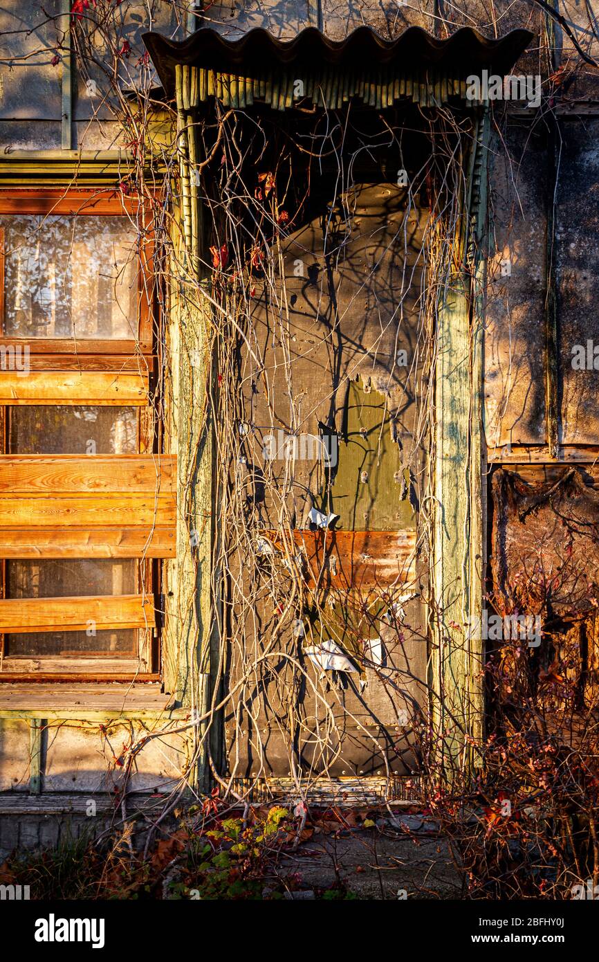 Boarded up window and old door of a abandoned house Stock Photo - Alamy