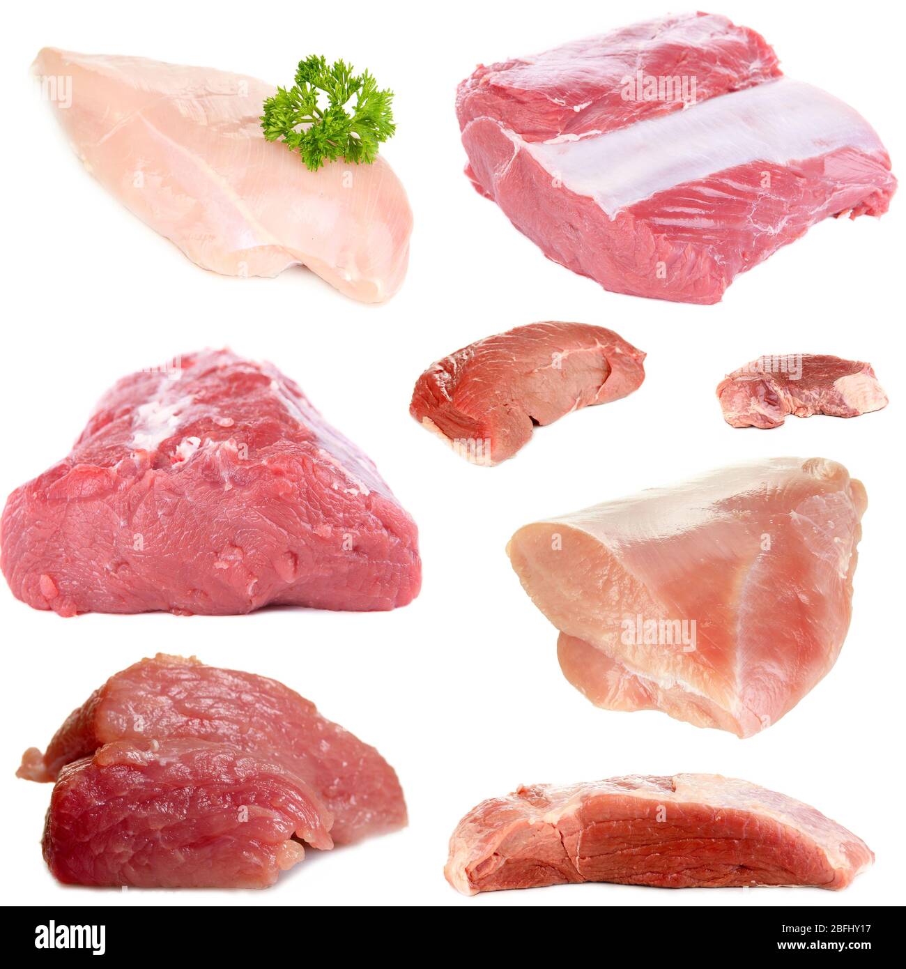 Collage of raw meat isolated on white Stock Photo - Alamy